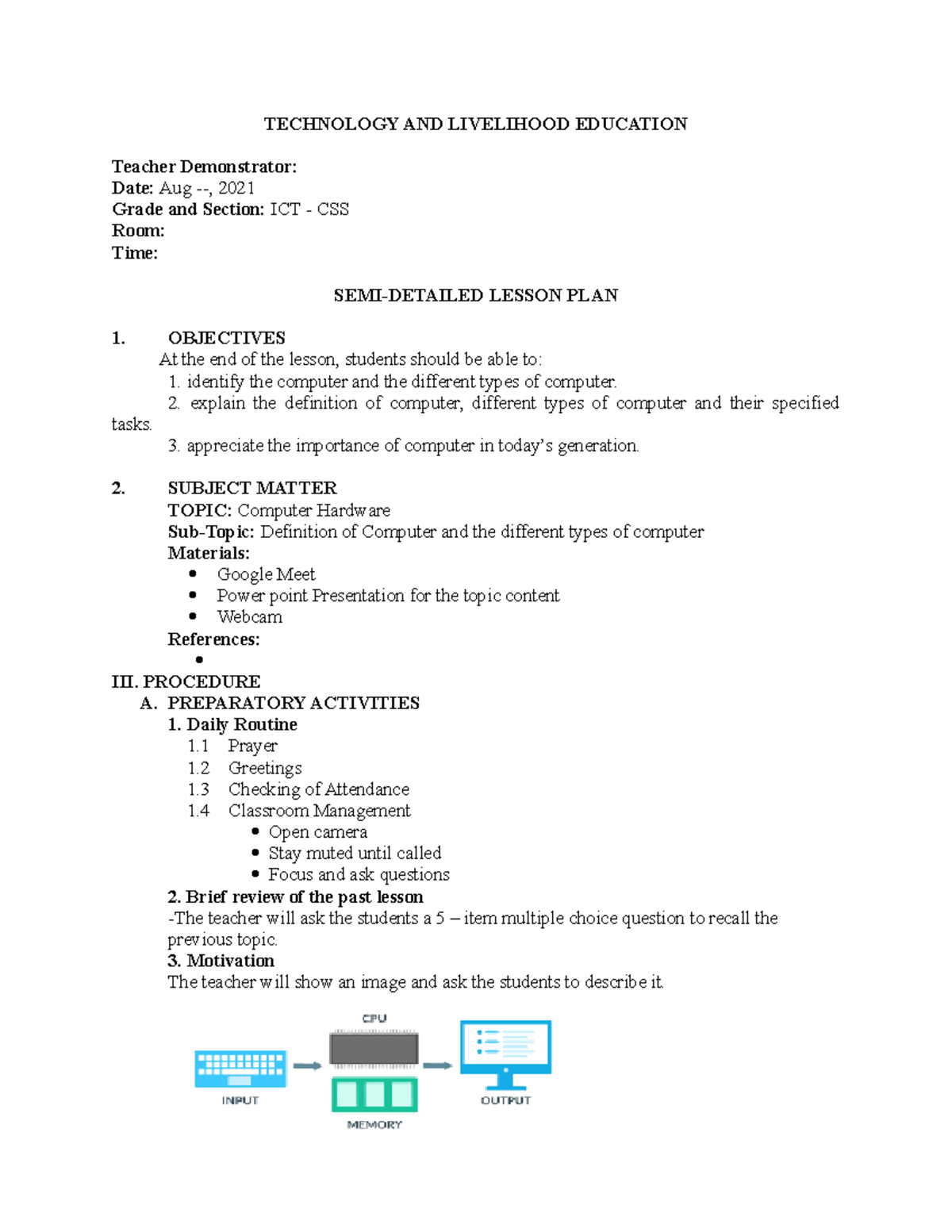 LESSON PLAN FOR DEMO TECHNOLOGY AND LIVELIHOOD EDUCATION Teacher