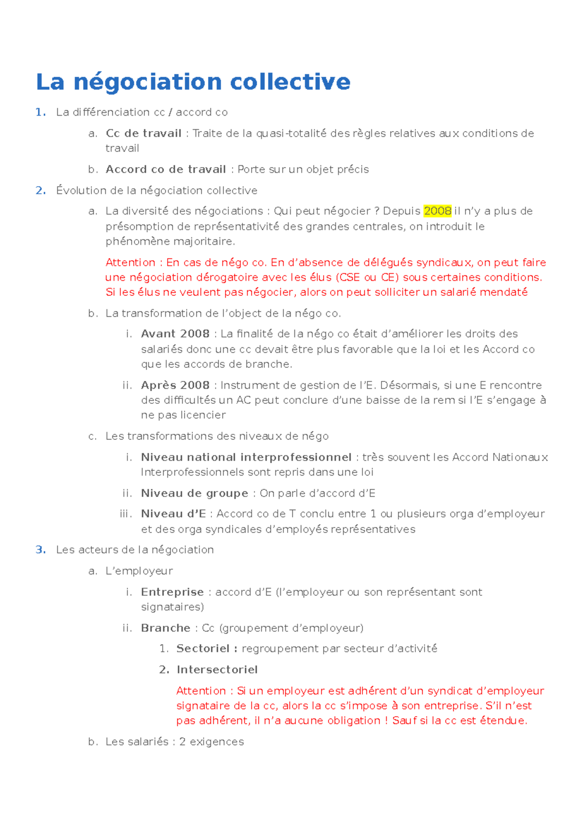 Fiche négociation collective - La collective 1. La cc accord co a. Cc ...