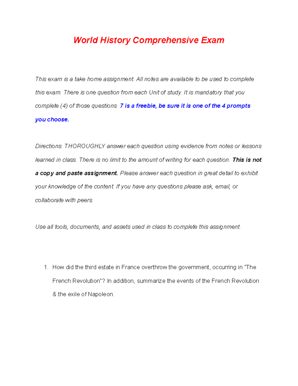 World History Exam 2023 - World History Comprehensive Exam This exam is ...