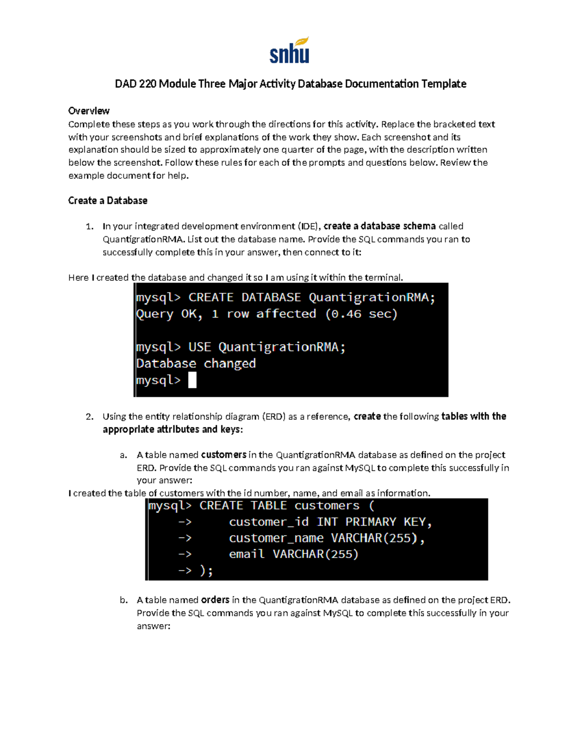 DAD 220 Module Three Major Activity Database Documentation Template ...