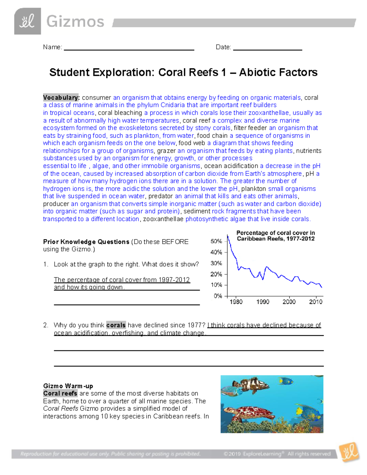 Coral Reef 1SE - I got 100%. - Name: Date: Student Exploration: Coral ...