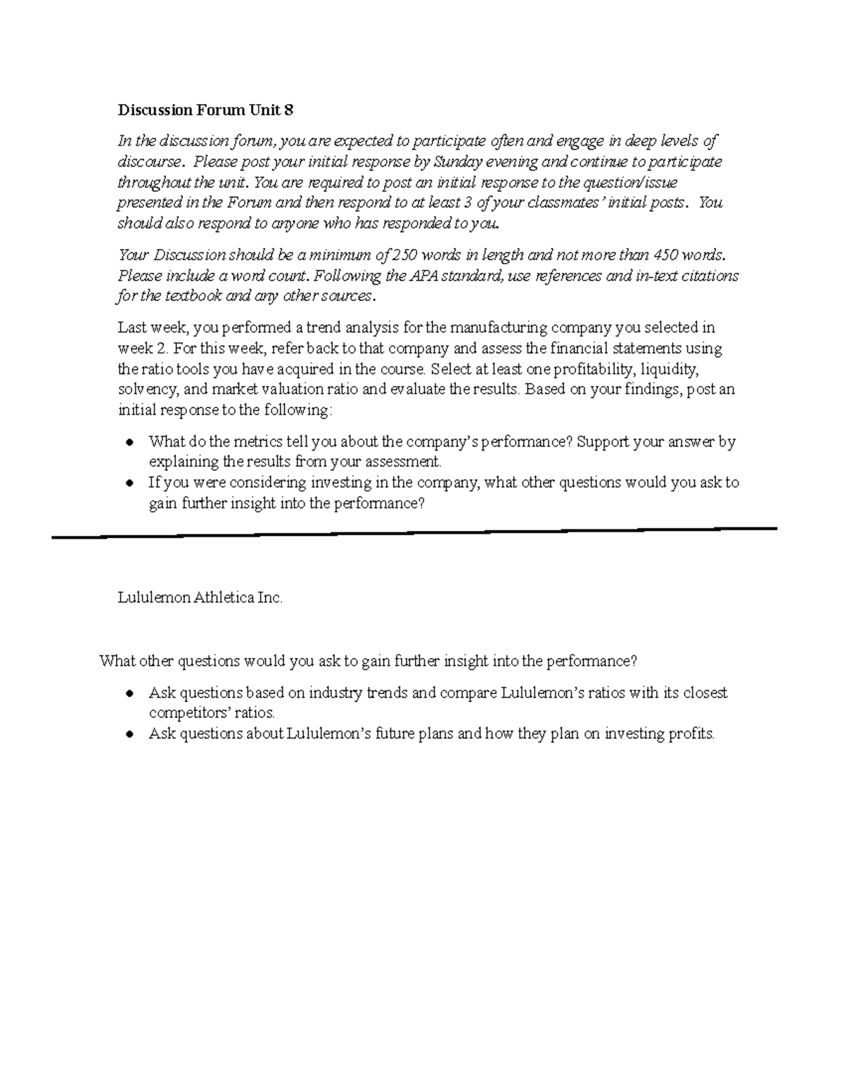 Discussion Assignment, Week 8 - Discussion Forum Unit 8 In the ...