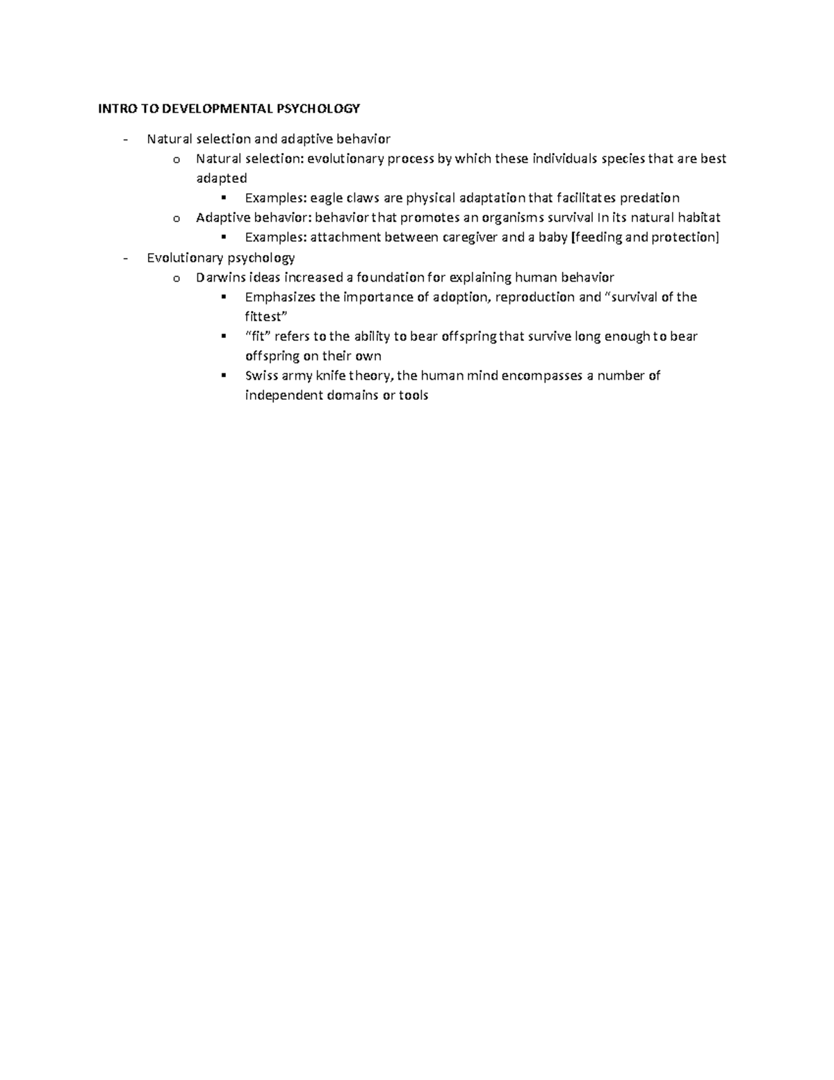 Intro to development - INTRO TO DEVELOPMENTAL PSYCHOLOGY Natural selection and adaptive behavior ...