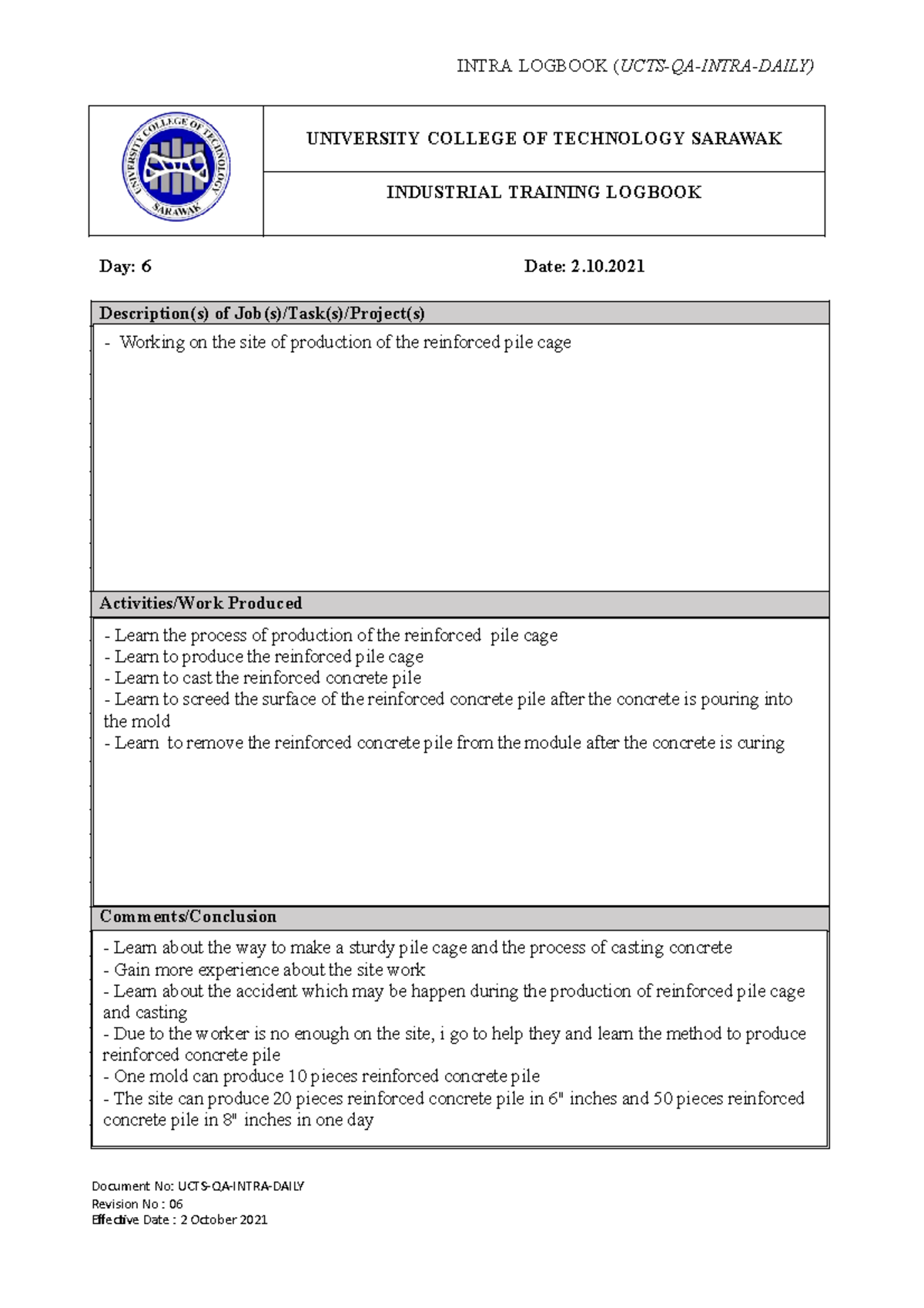 UCTS Student Logbook day 6 - INTRA LOGBOOK ( UCTS-QA-INTRA-DAILY ...