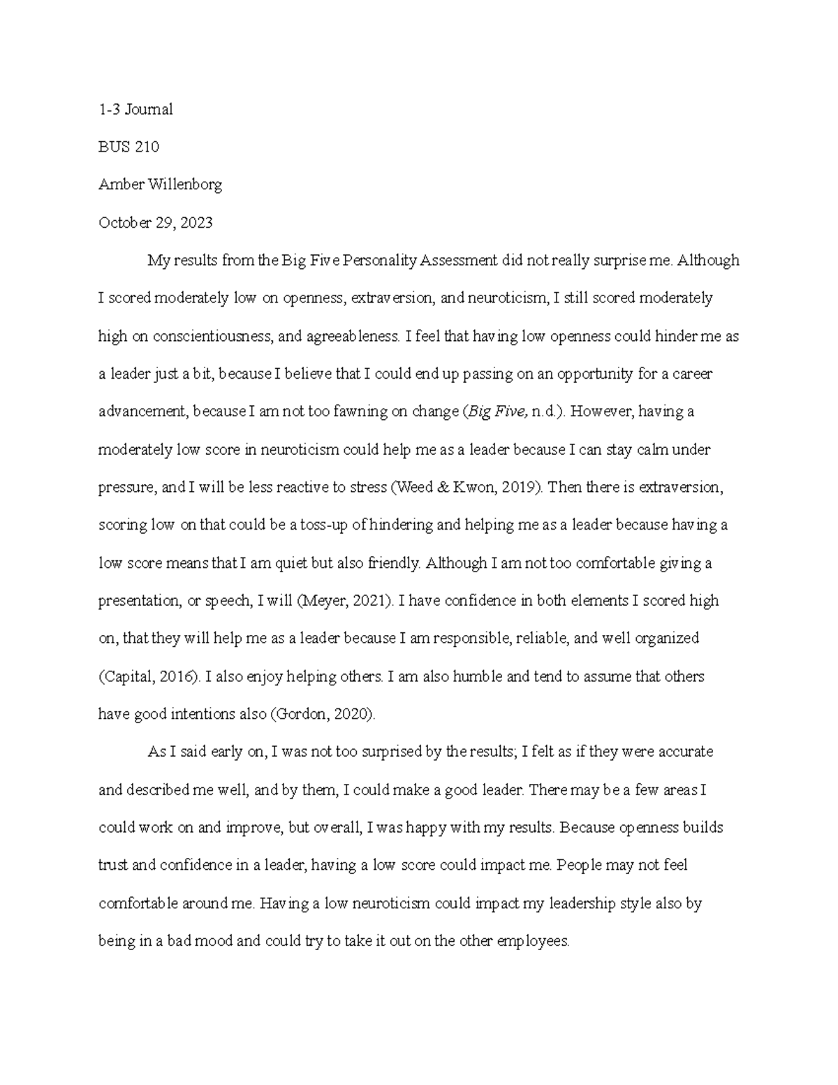 1-3 Journal BUS 210 - Assignment - 1-3 Journal BUS 210 Amber Willenborg ...