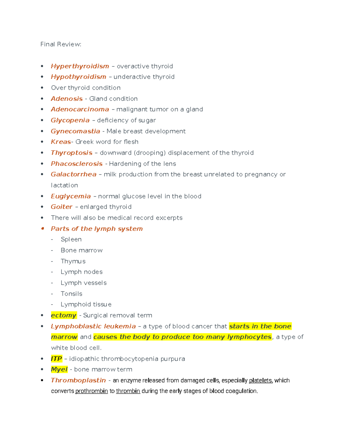 Medical Term Final Review - Final Review: Hyperthyroidism – overactive ...