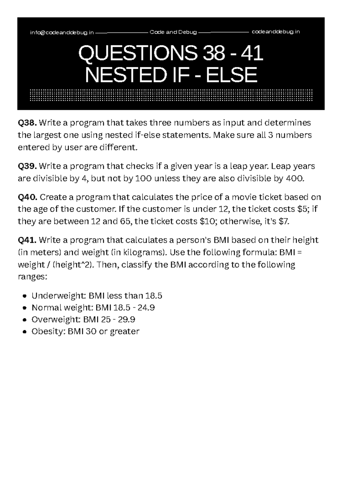 Question 38 41 Question On Nested If Else Q38 Write A Program That Takes Three Numbers As
