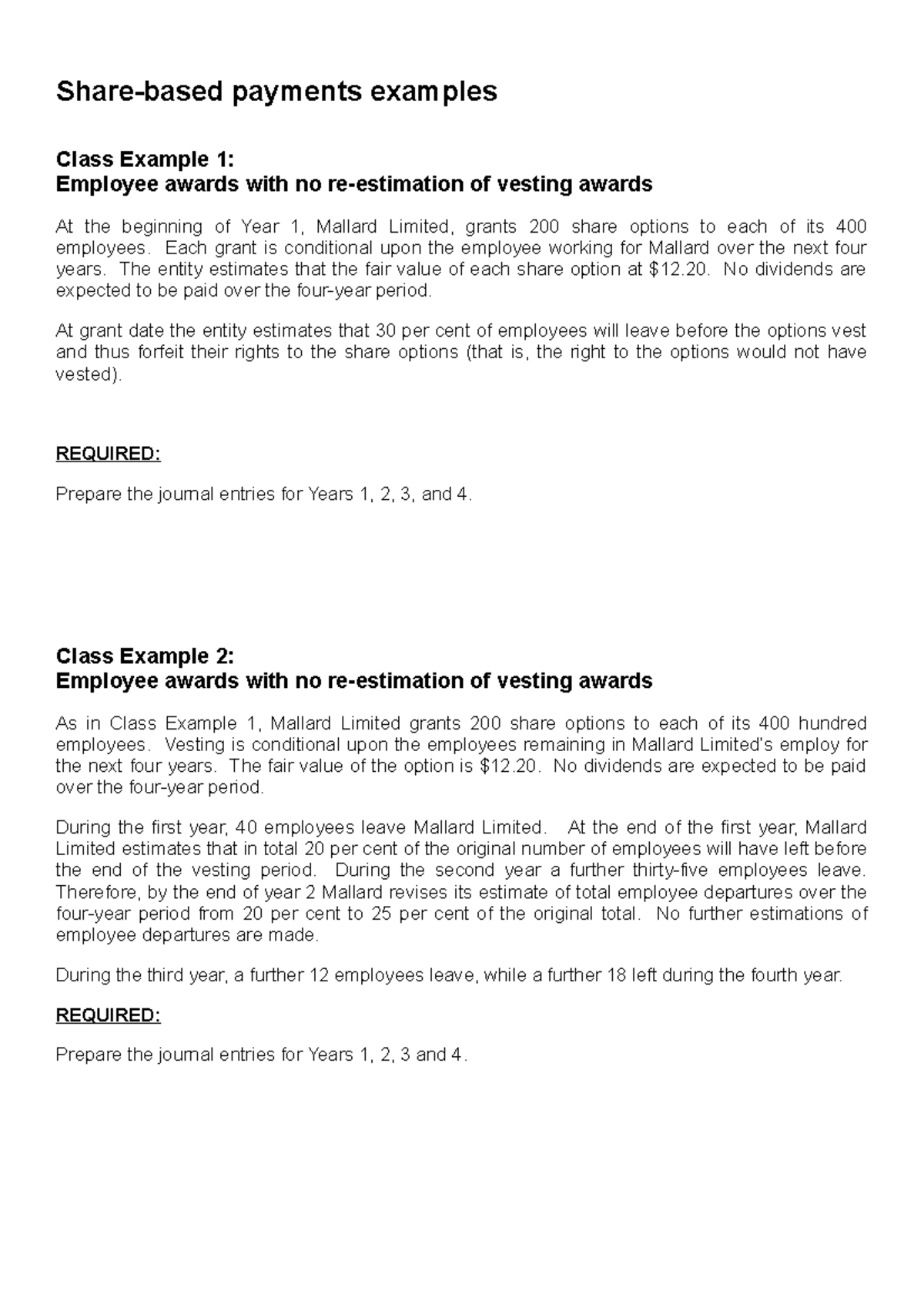 Share-based payments Questions ONLY examples for lectures Amended ...