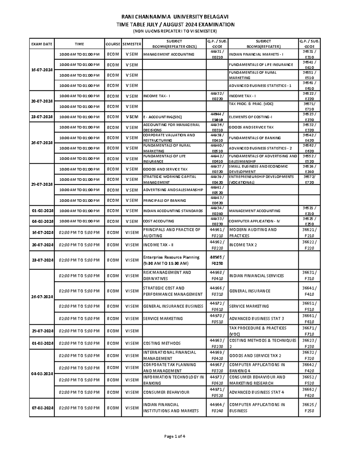 TIME Table BCOM (NON Uucms) - TIME TABLE JULY / AUGUST 2024 EXAMINATION ...