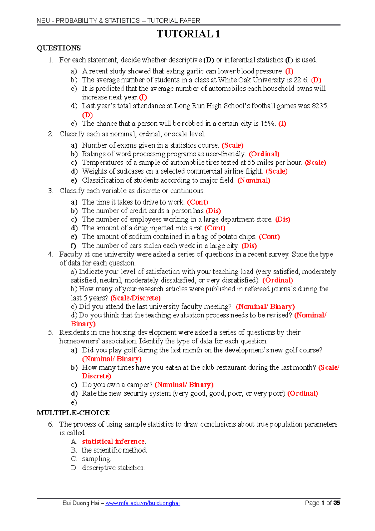 Solution 1-10 - 1-10 - TUTORIAL 1 QUESTIONS For each statement, decide whether descriptive (D ...
