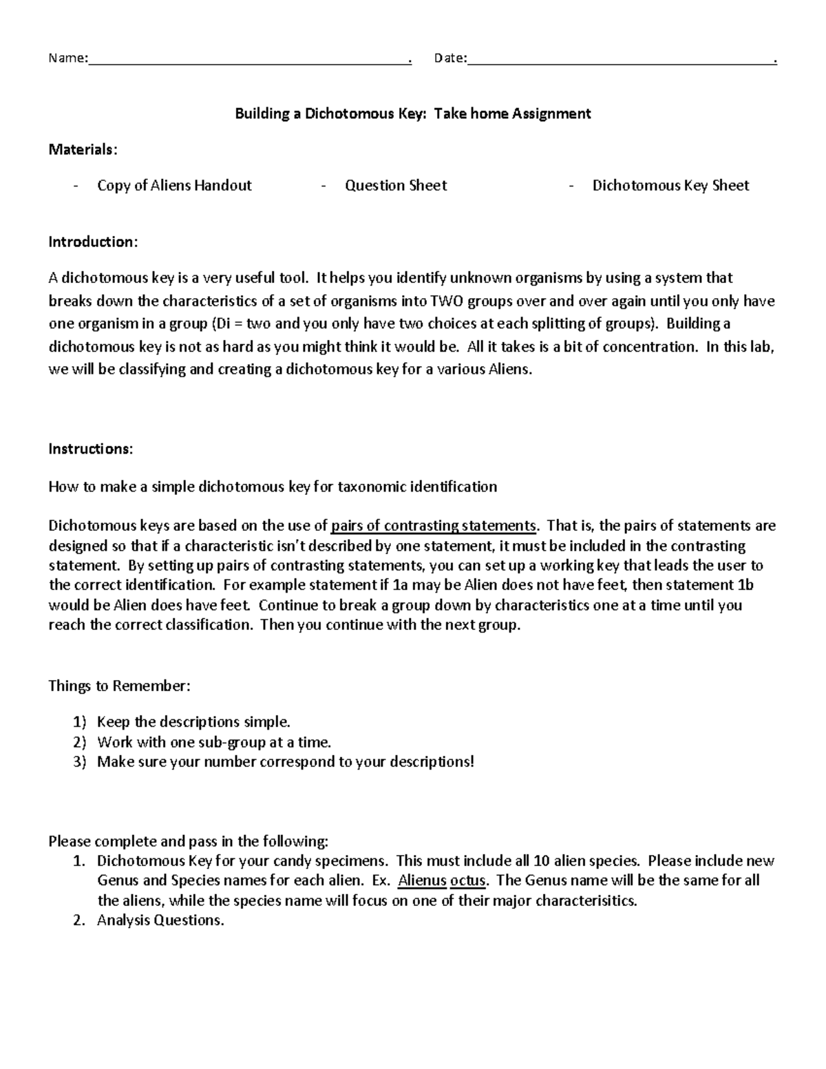 Unit 1 - Dichotomous Key Assignment - Building a Dichotomous Key: Take ...