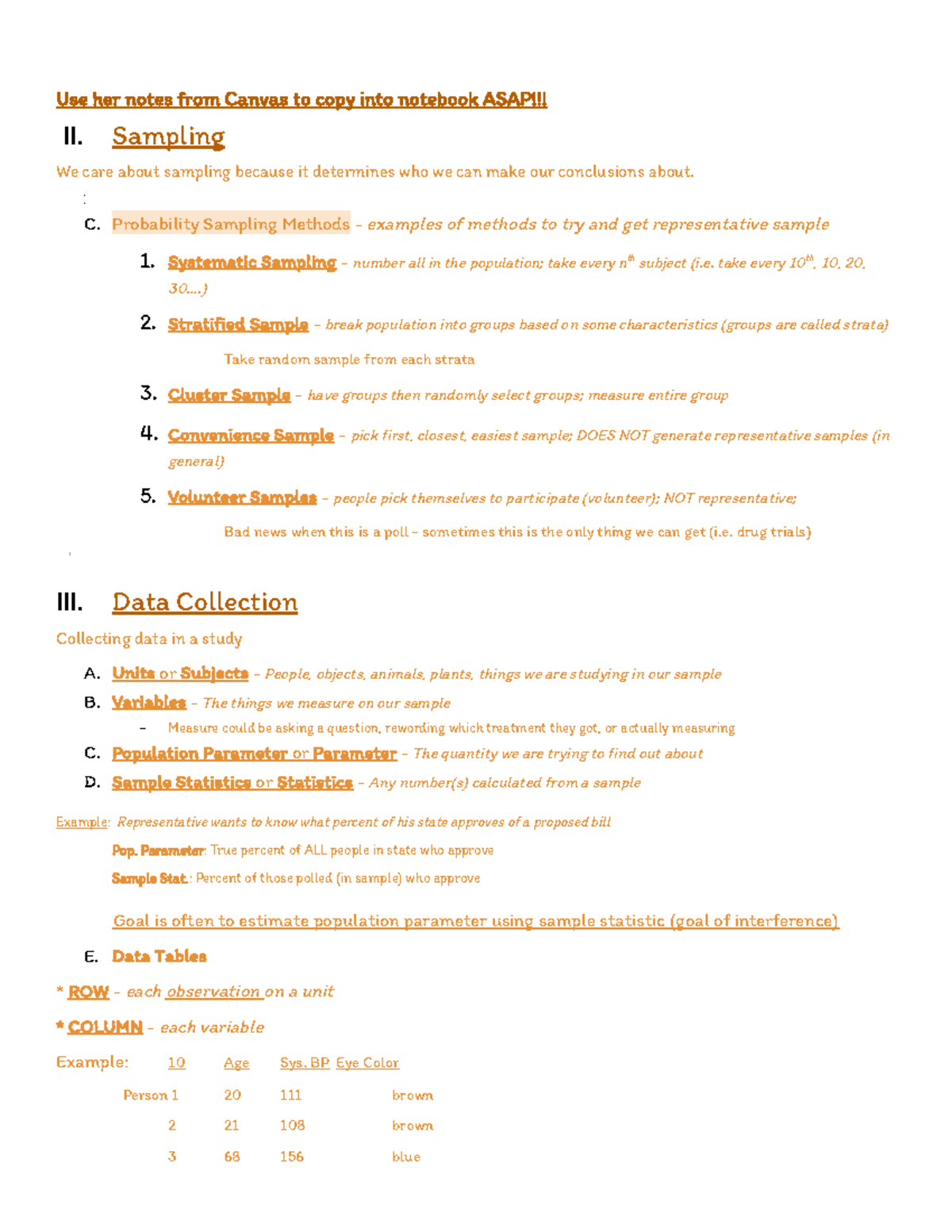 MATH220 - Sampling Notes - I. Use her notes from Canvas to copy into ...