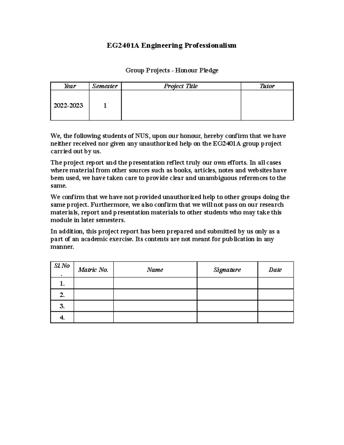 EG2401 A Honour Pledge 22-23Sem1 - EG2401A Engineering Professionalism ...
