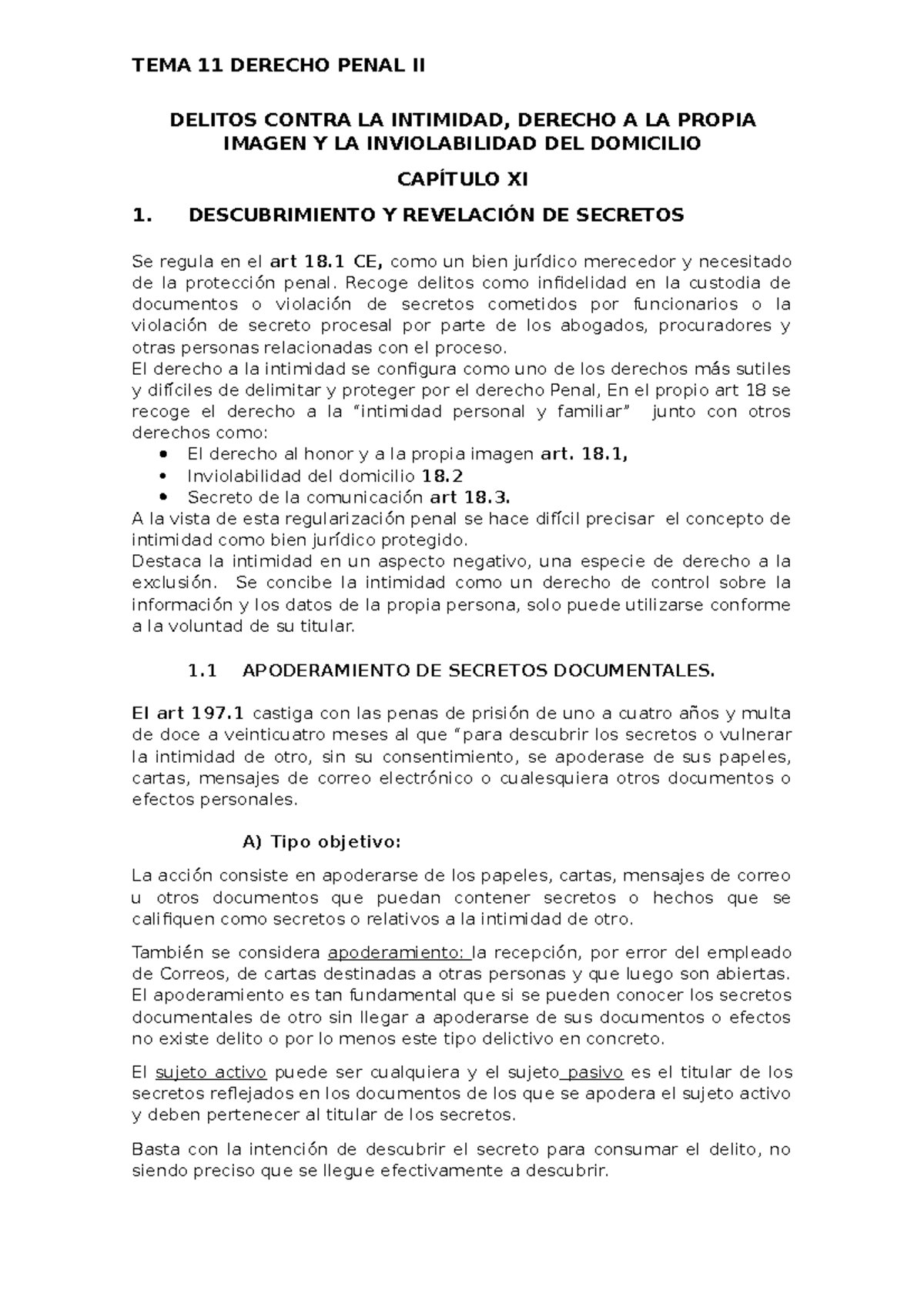 Lección XI Delitos Contra LA Intimidad Derecho Penal - DELITOS CONTRA LA INTIMIDAD, DERECHO A LA ...