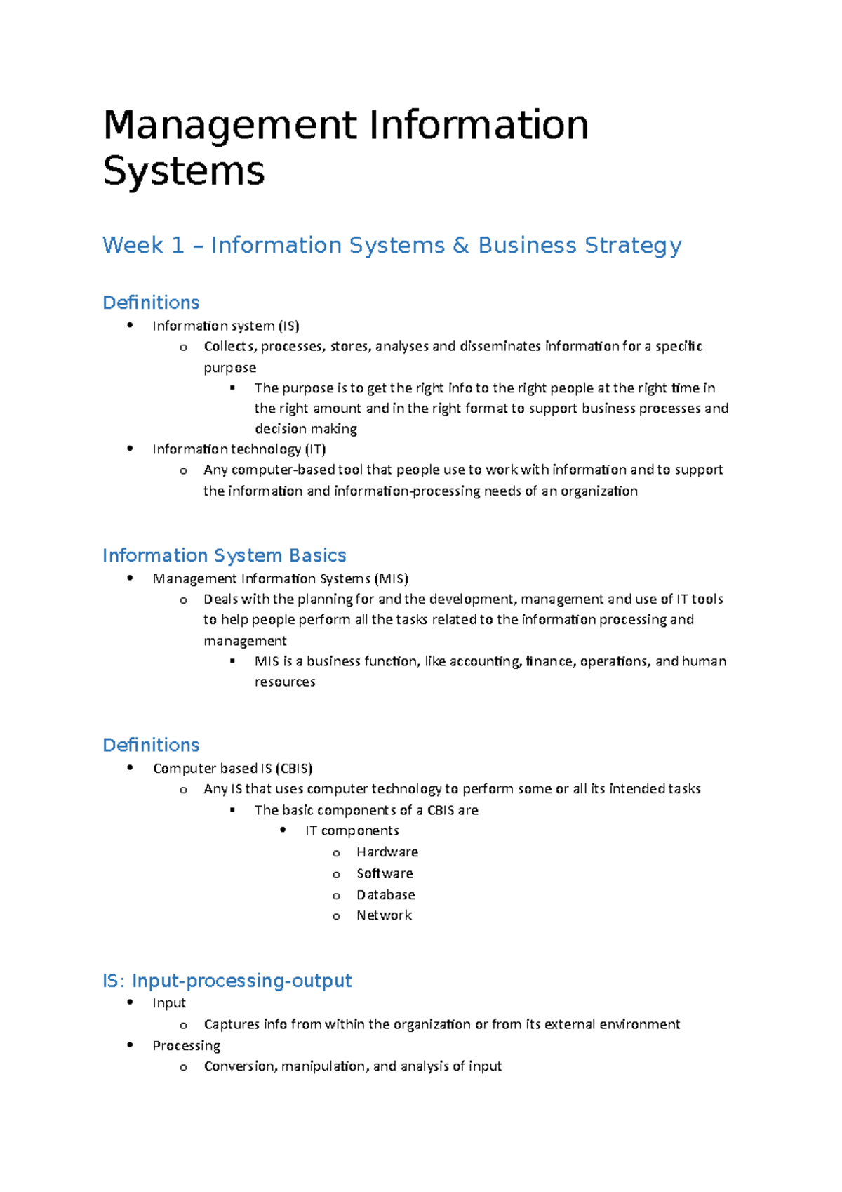 Mis Notes - Management Information Systems Week 1 – Information Systems ...