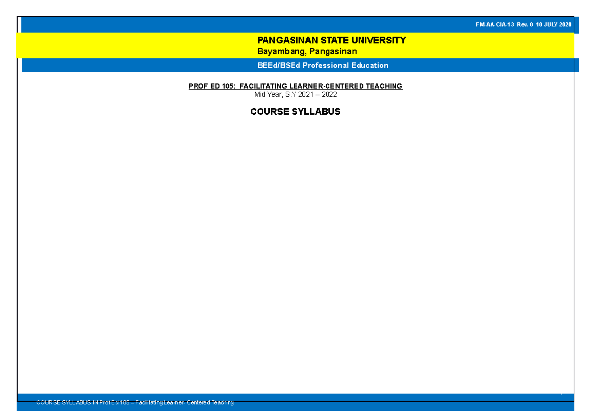 Prof Ed 105 Facilitating Learner Centered Teaching - PROF ED 10 5 ...