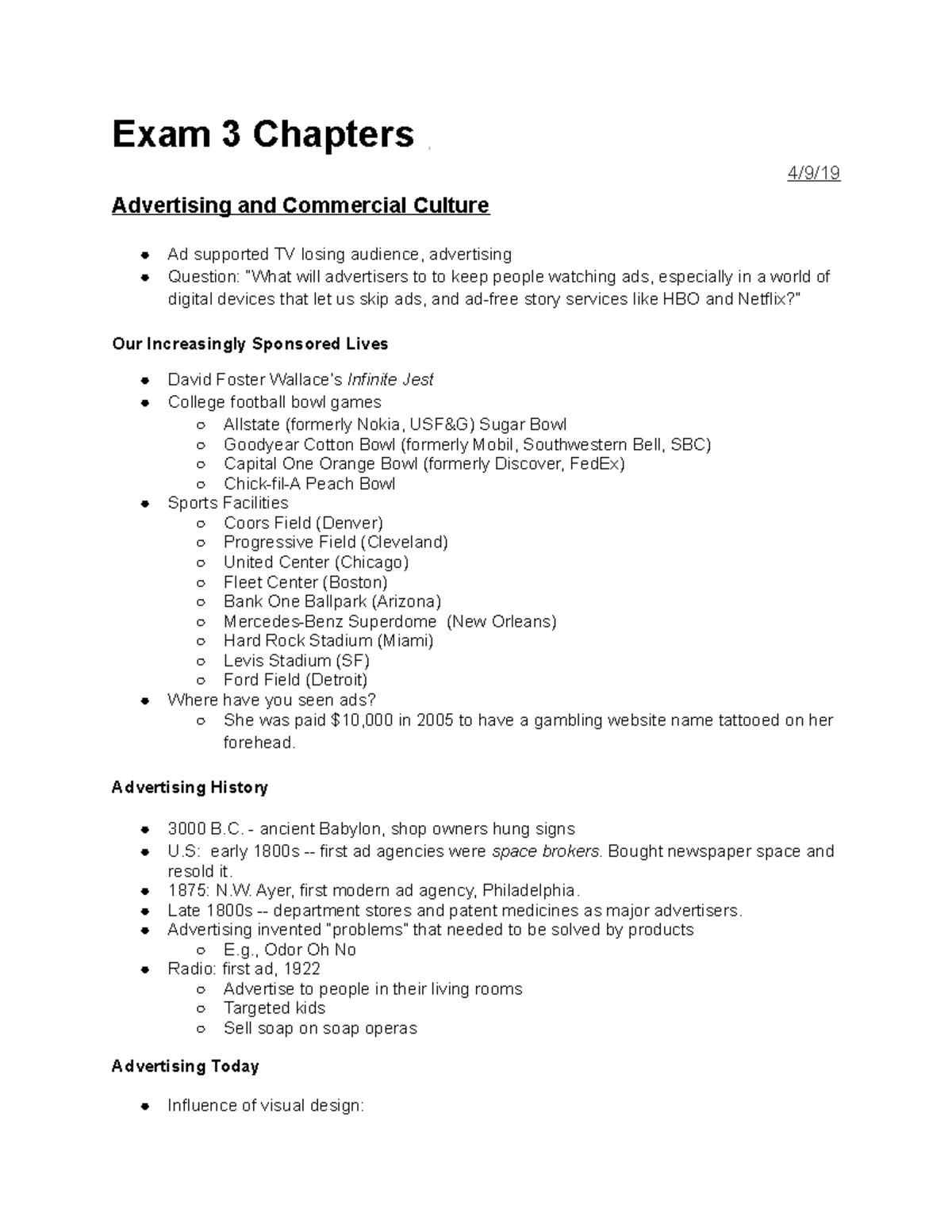 Exam 3 Notes - Exam 3 Chapters 4/9/ Advertising and Commercial Culture ...