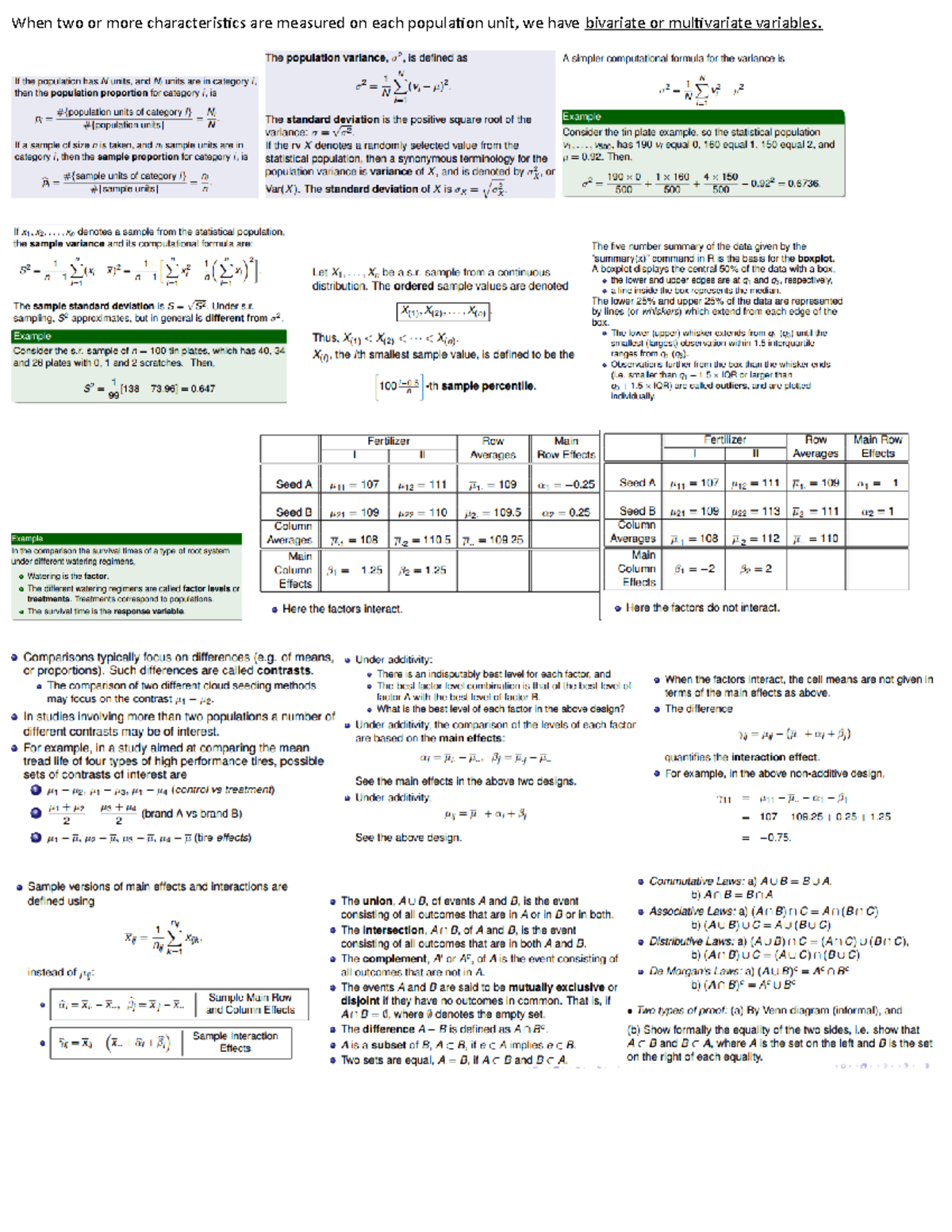 STAT401 Quiz 1 cheat sheet - Stat 401 - When two or more ...