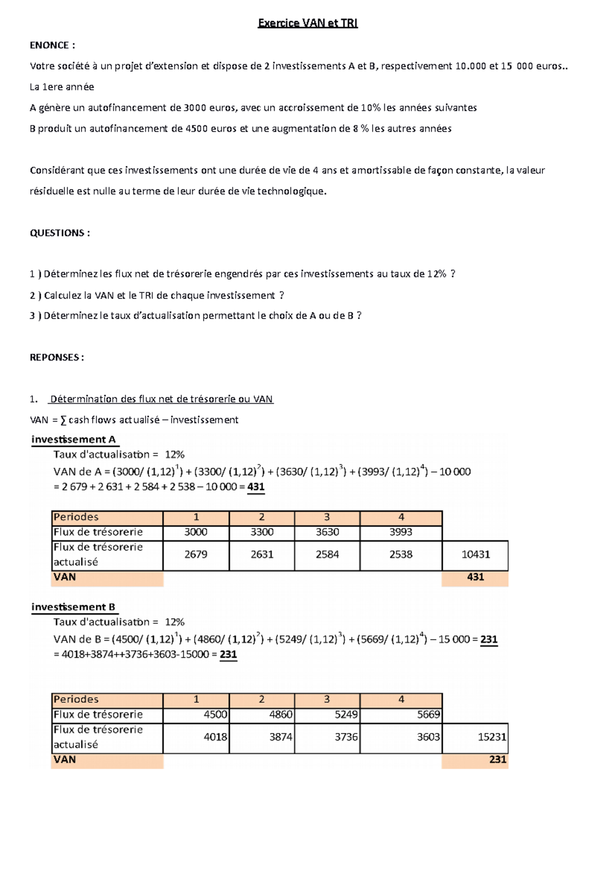 146870056 Exercice VAN TRI - Exercice VAN et TRI ENONCE : Votre société ...