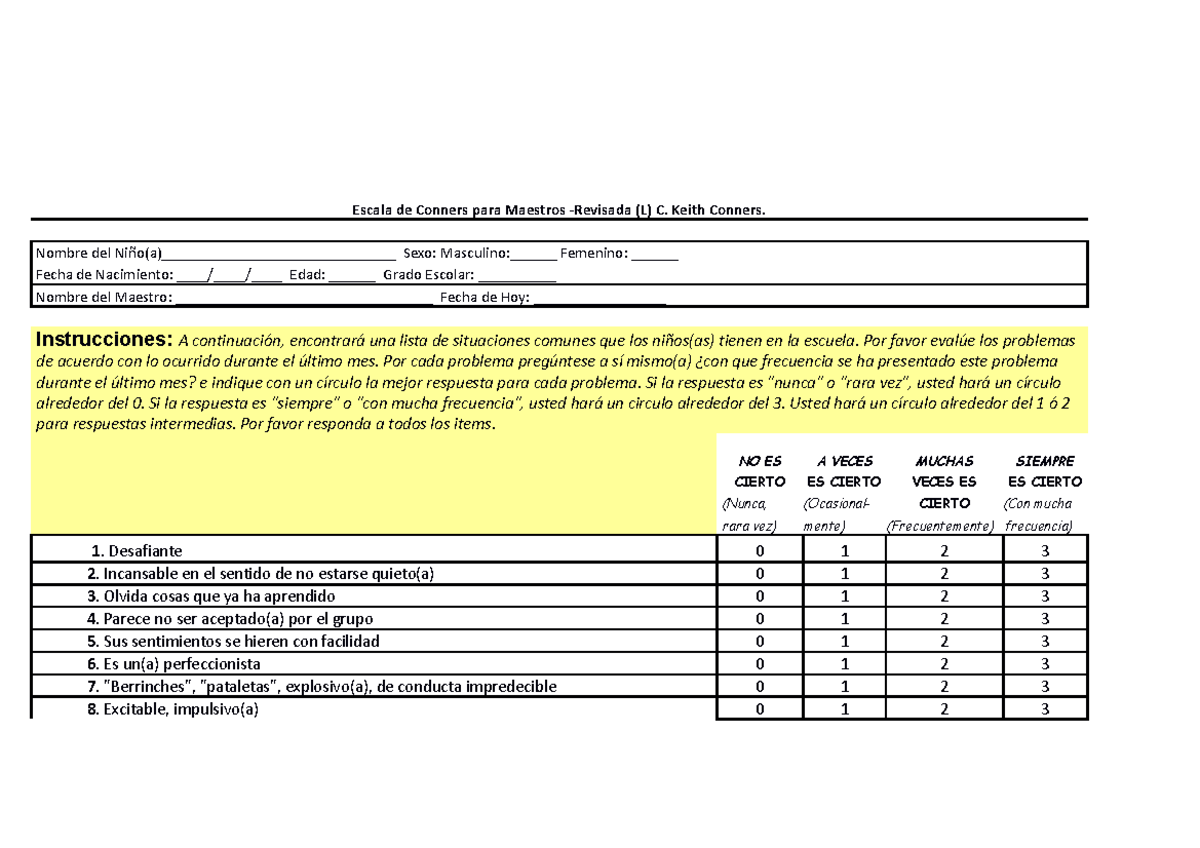 Escala de Conners para Maestros - Keith Conners. Nombre del Niño(a