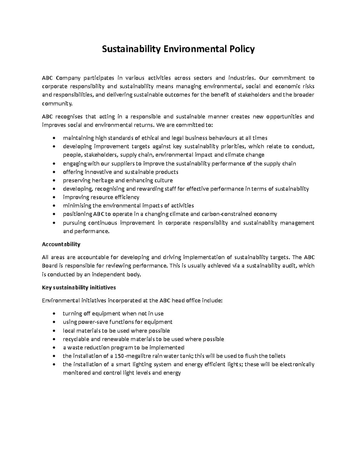 Bsbcmm 401 BSB50420 - ABC Company Sustainability environmental policy ...