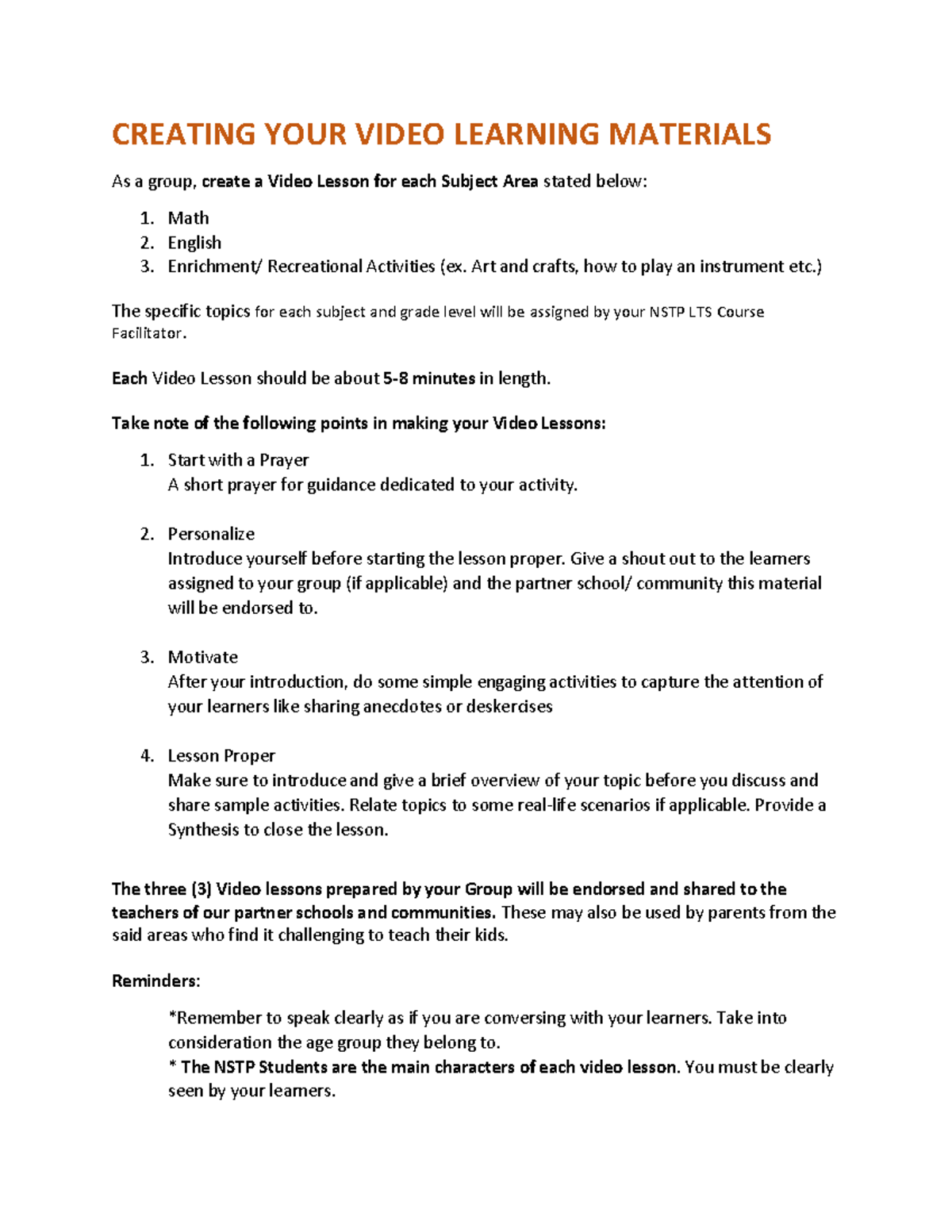 Instructions & Reminders IN Creating YOUR Video Learning Materials ...