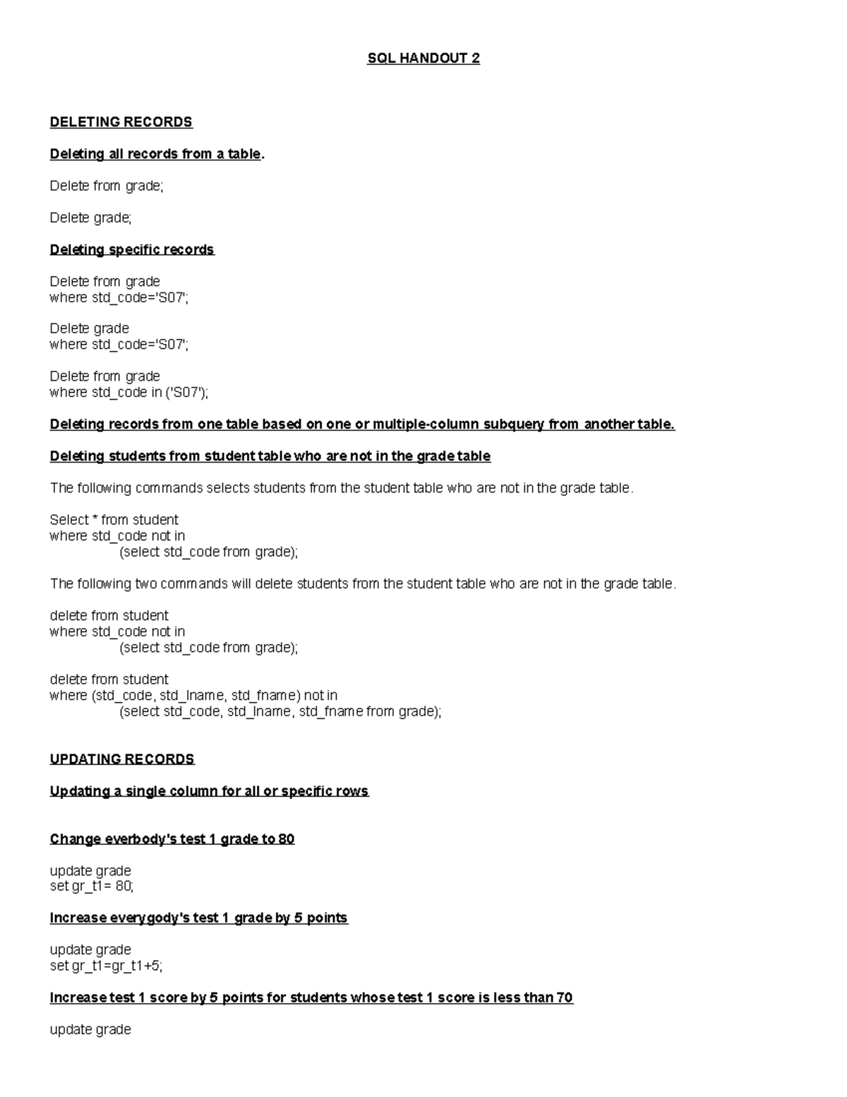 SQL Handout 2 - SQL basics to advanced topics with a number of example problems. Helps you - Studocu