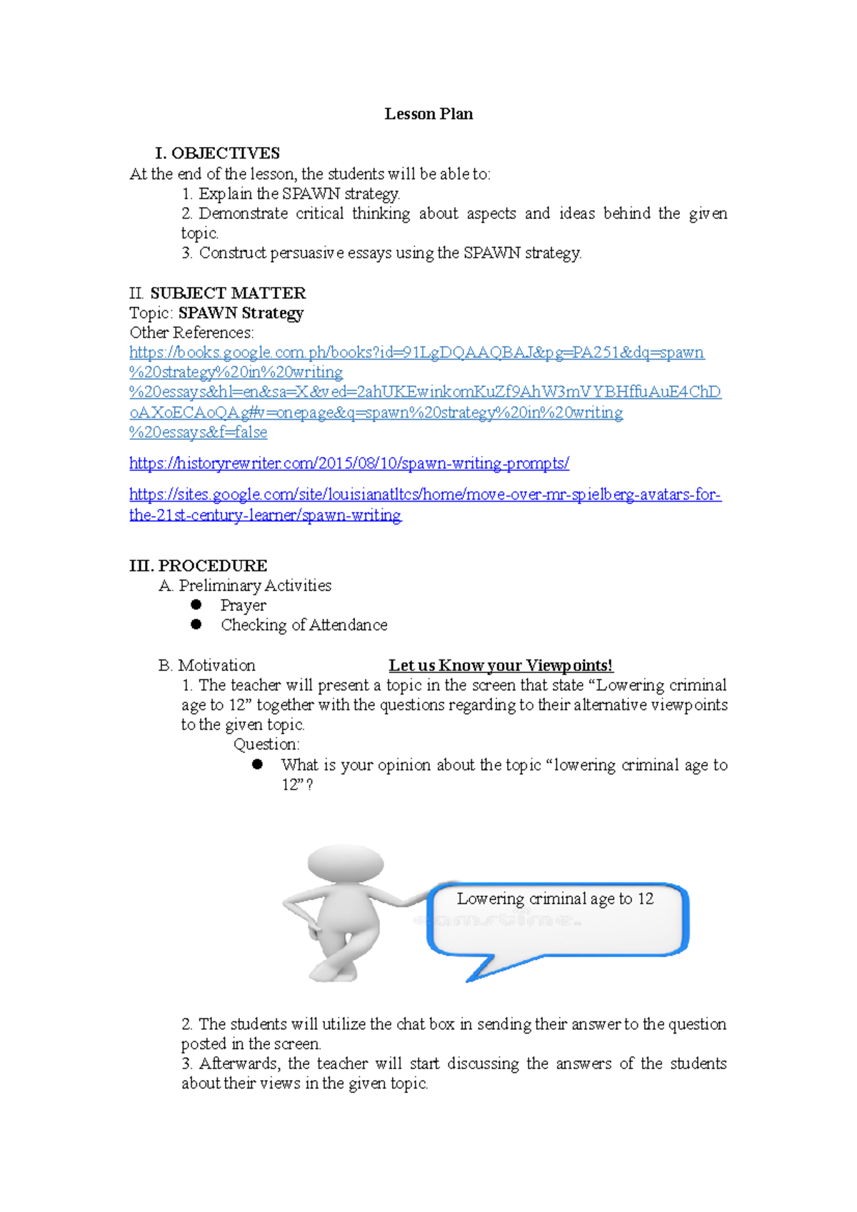 Lesson Plan Spawn Strategy - Lesson Plan I. OBJECTIVES At the end of ...