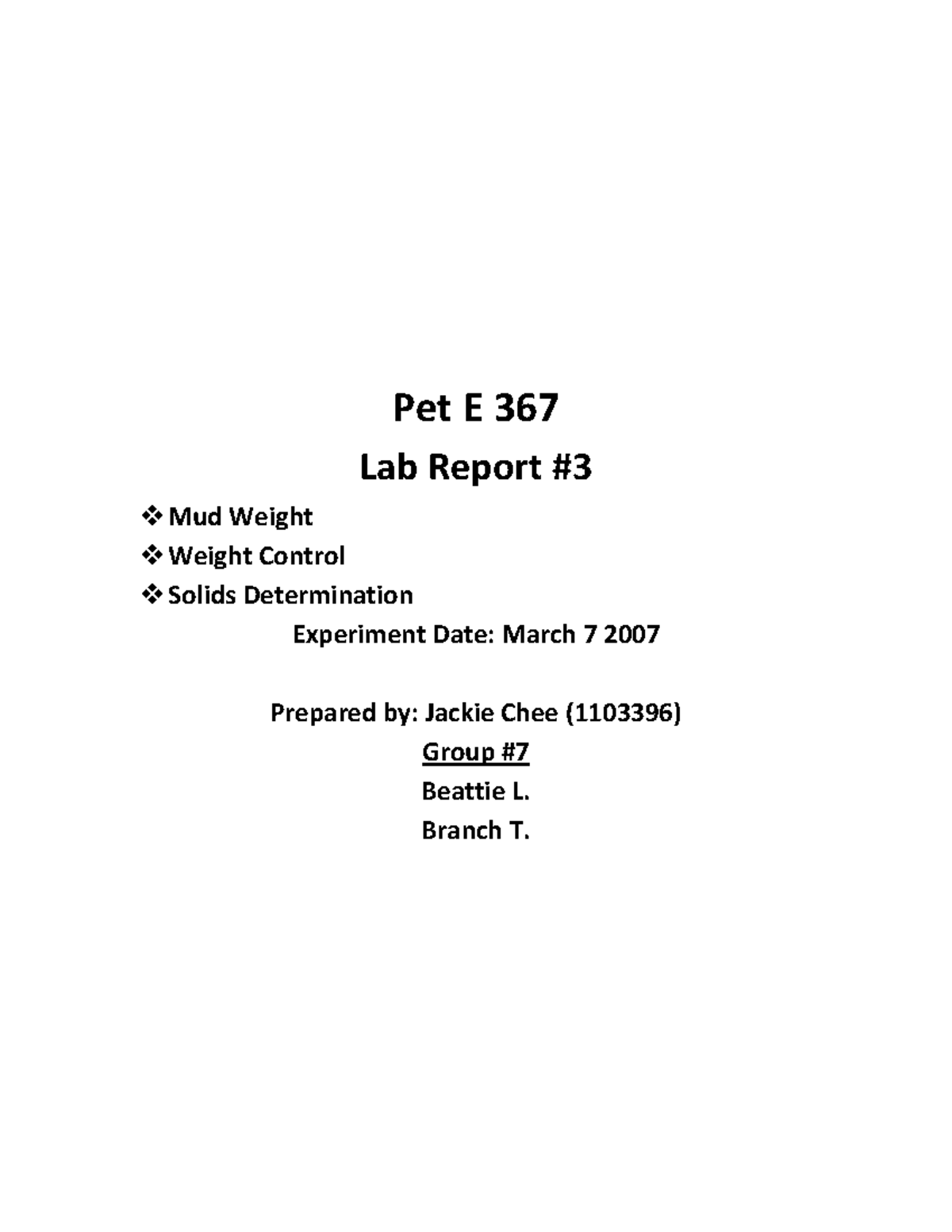 Lab 3 - Pet E 367 Lab Report Mud Weight Weight Control Solids ...