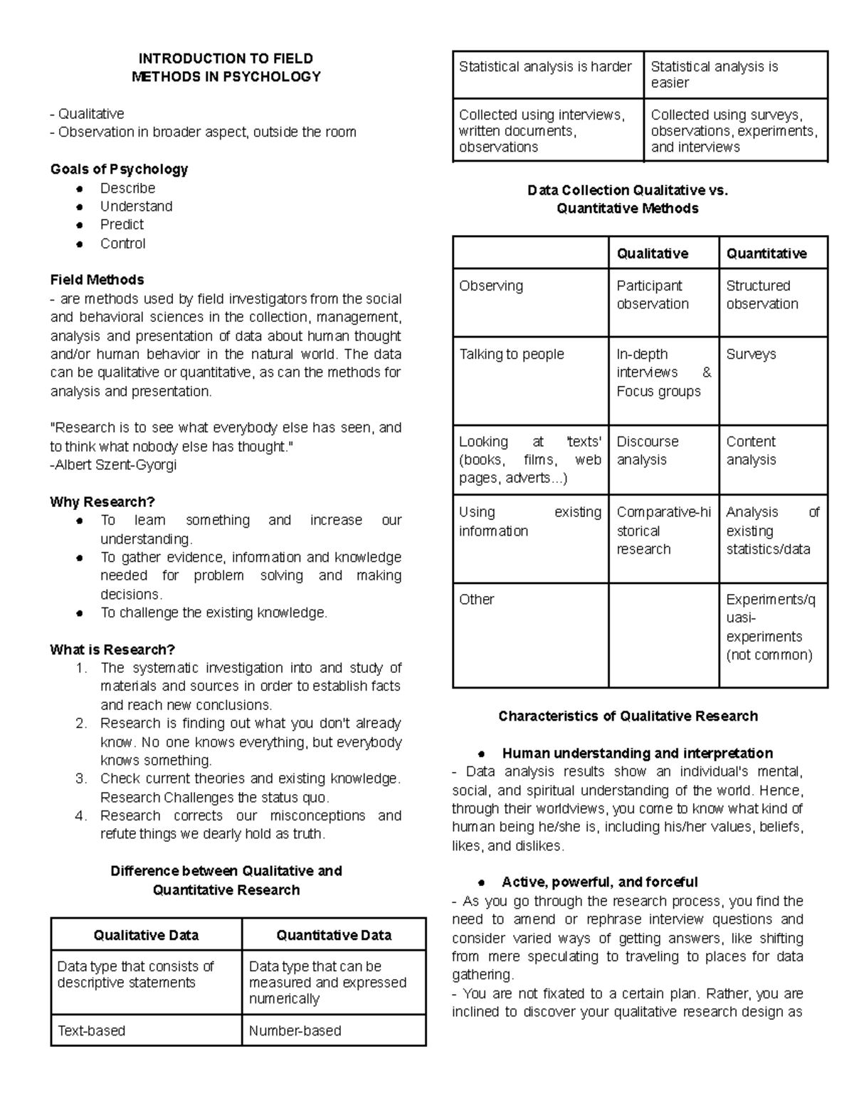 Field Methods - INTRODUCTION TO FIELD METHODS IN PSYCHOLOGY Qualitative ...