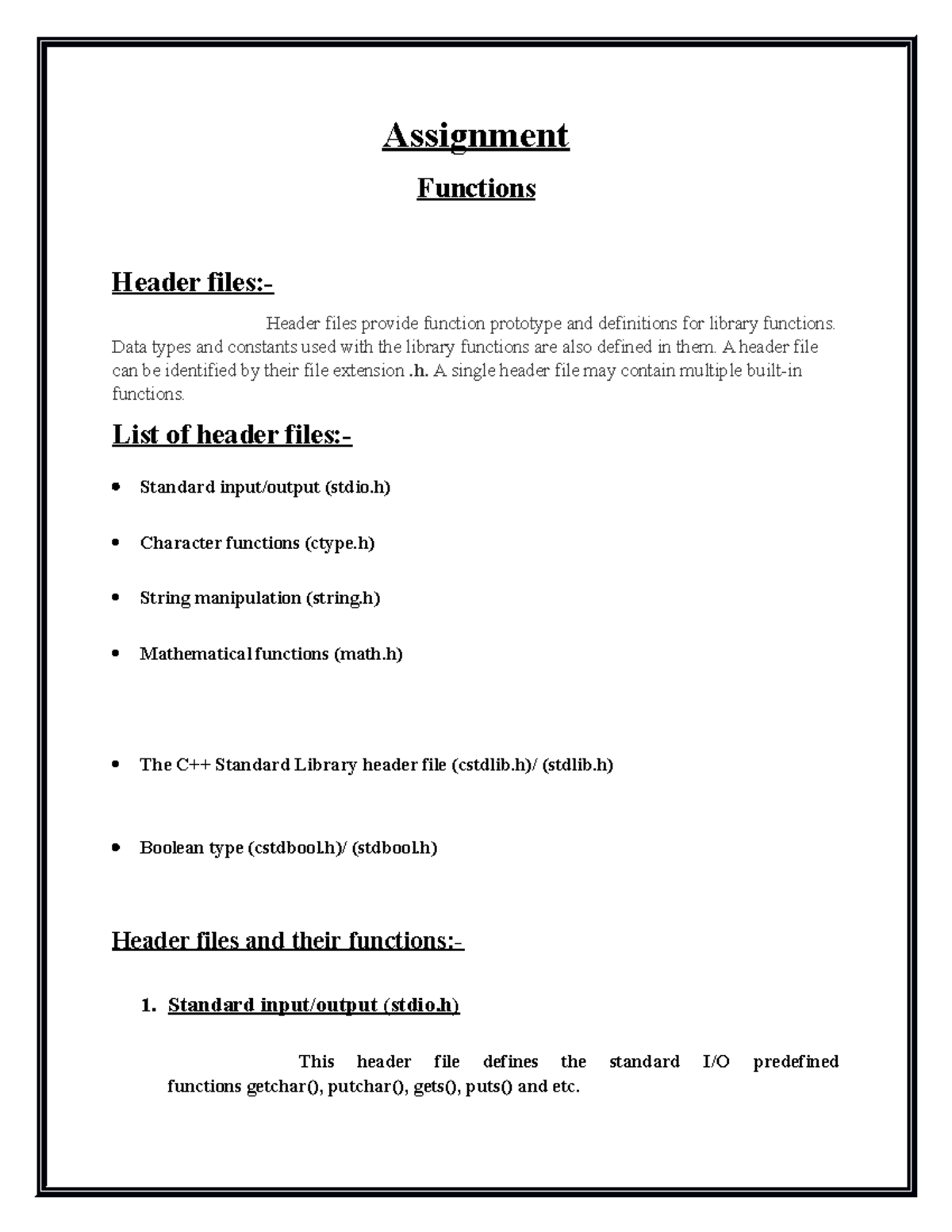 Assignment Areeba Ejaz Assignment Functions Header Files Header Files Provide Function 8737