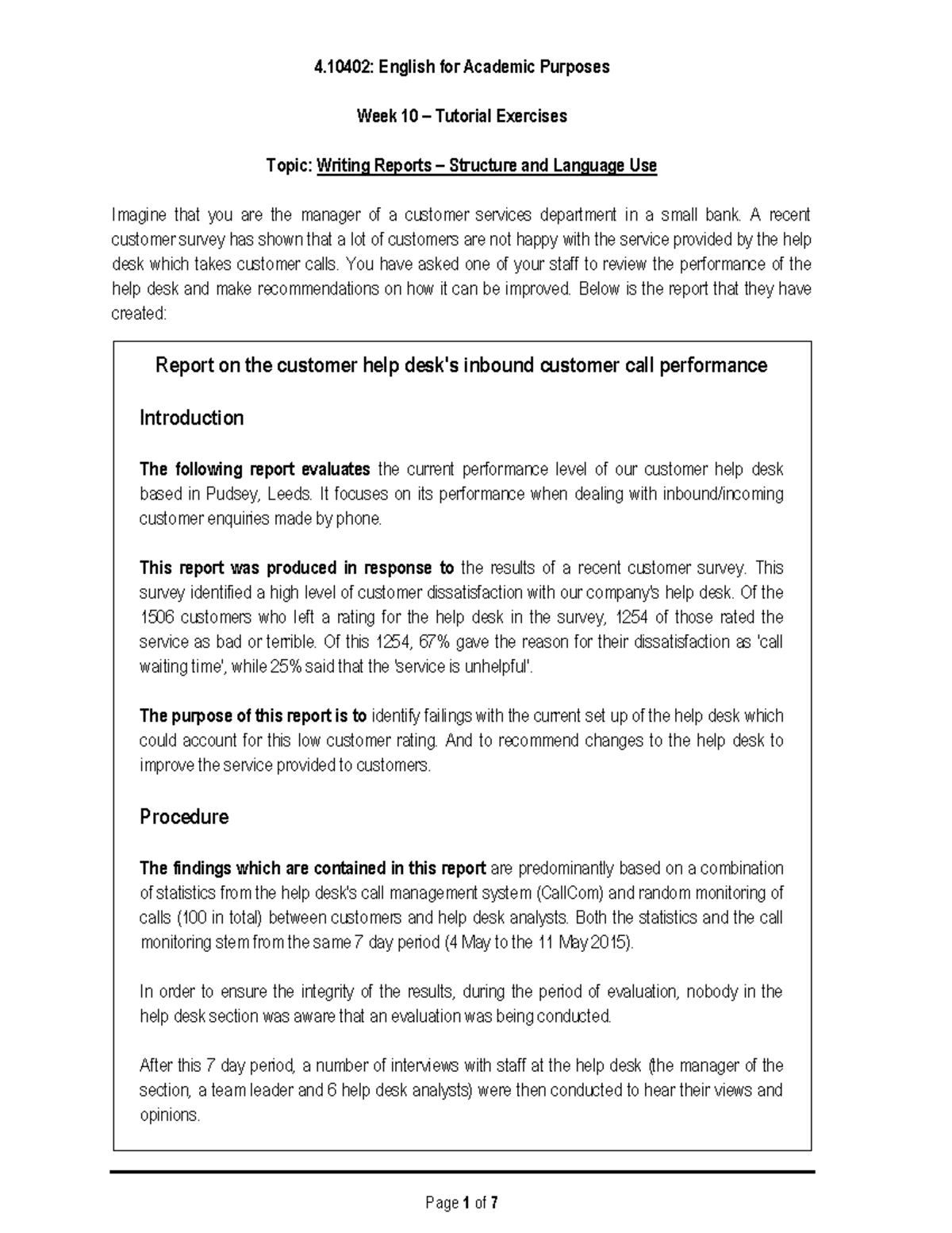 Week 10 Tutorial Exercises - Writing Reports - 4: English for Academic ...