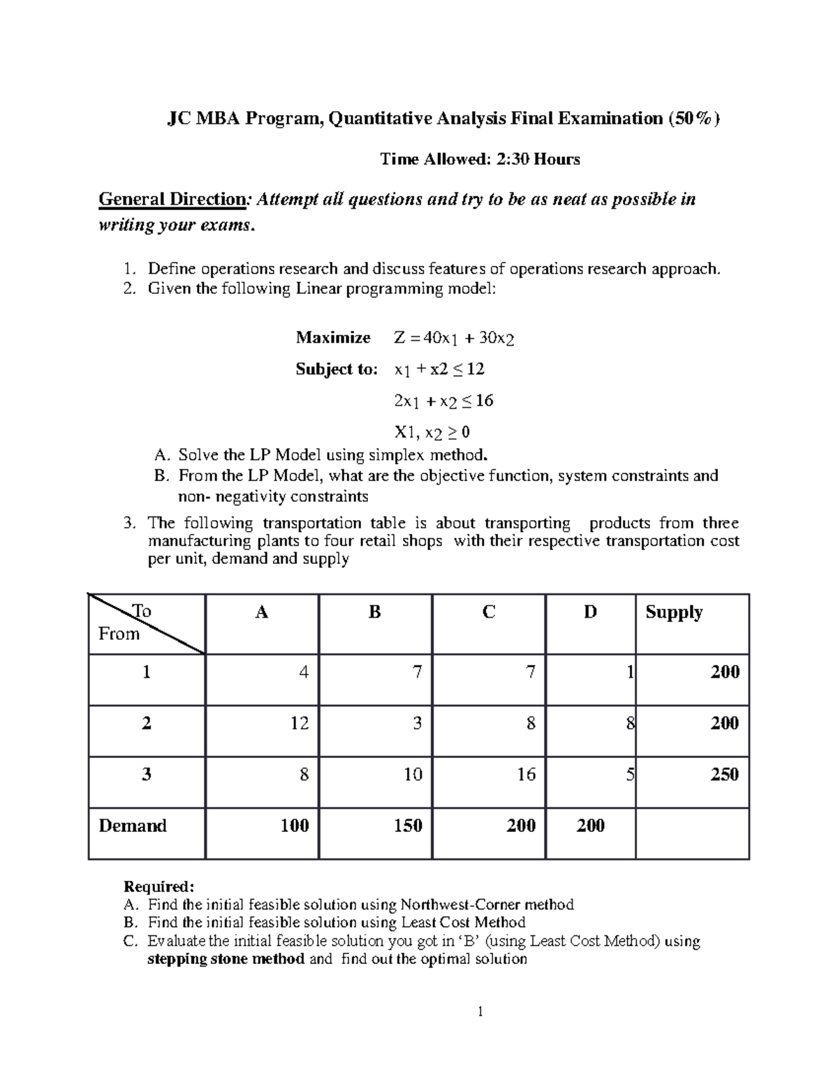 QA FE - Fine - 1 JC MBA Program, Quantitative Analysis Final ...