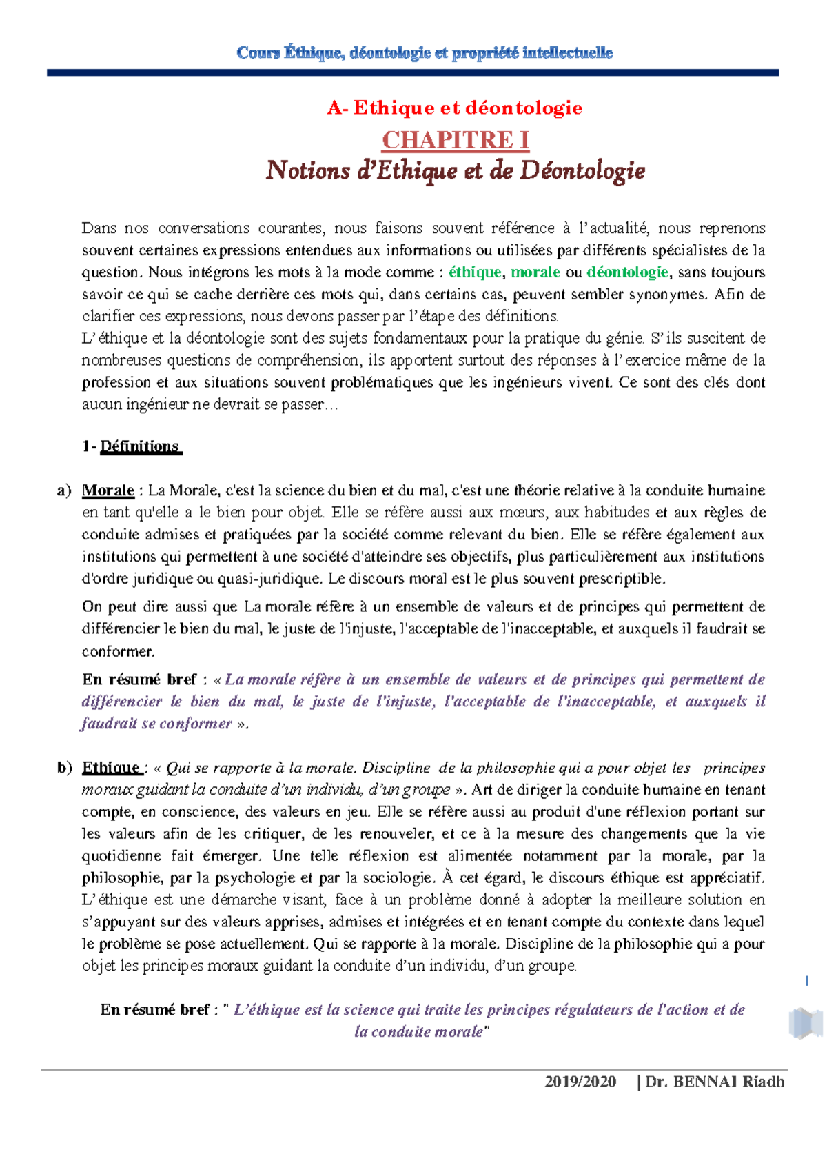 Éthique, déontologie et propriété intellectuelle - Chapitre 01 - 1 A ...