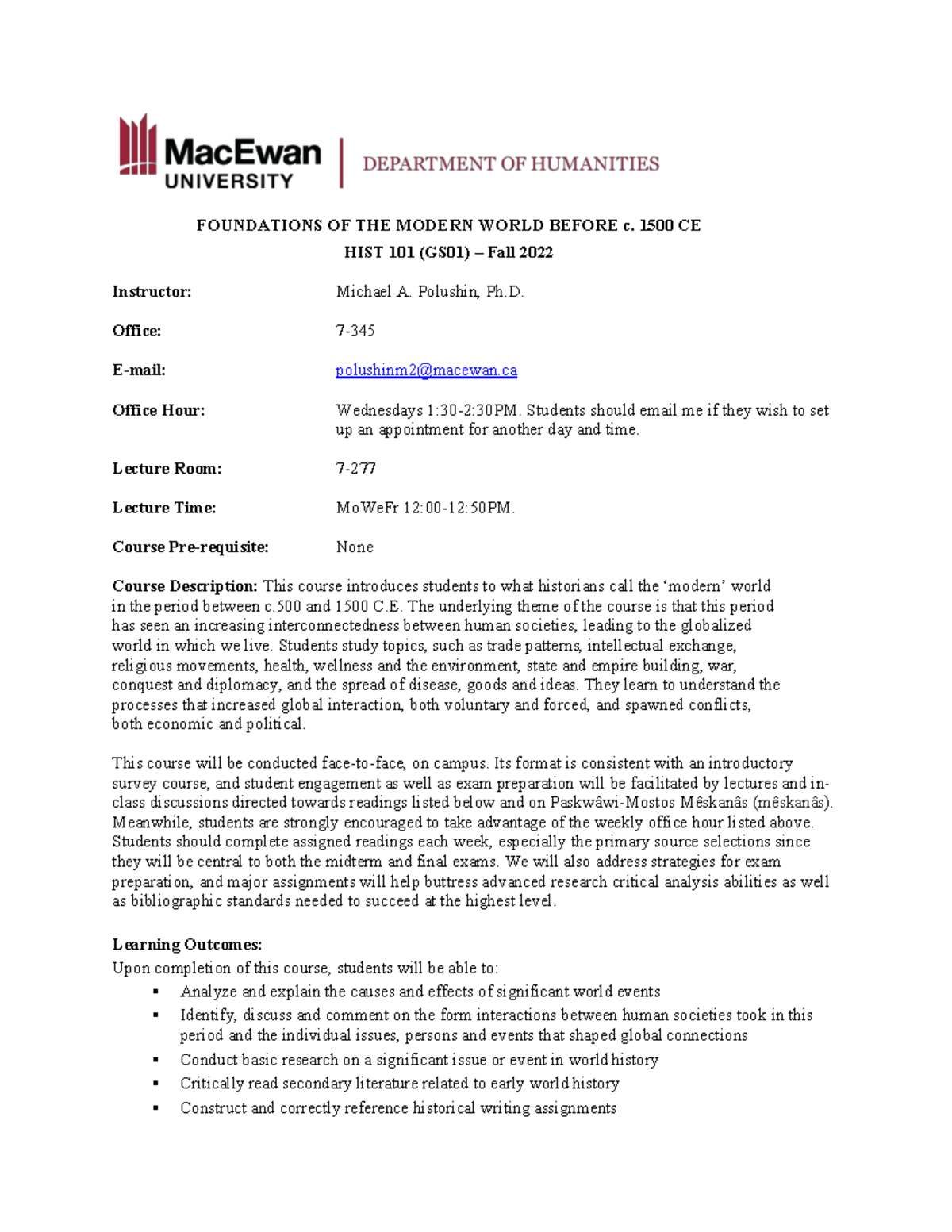 History 101 - FOUNDATIONS OF THE MODERN WORLD BEFORE c. 1500 CE HIST ...