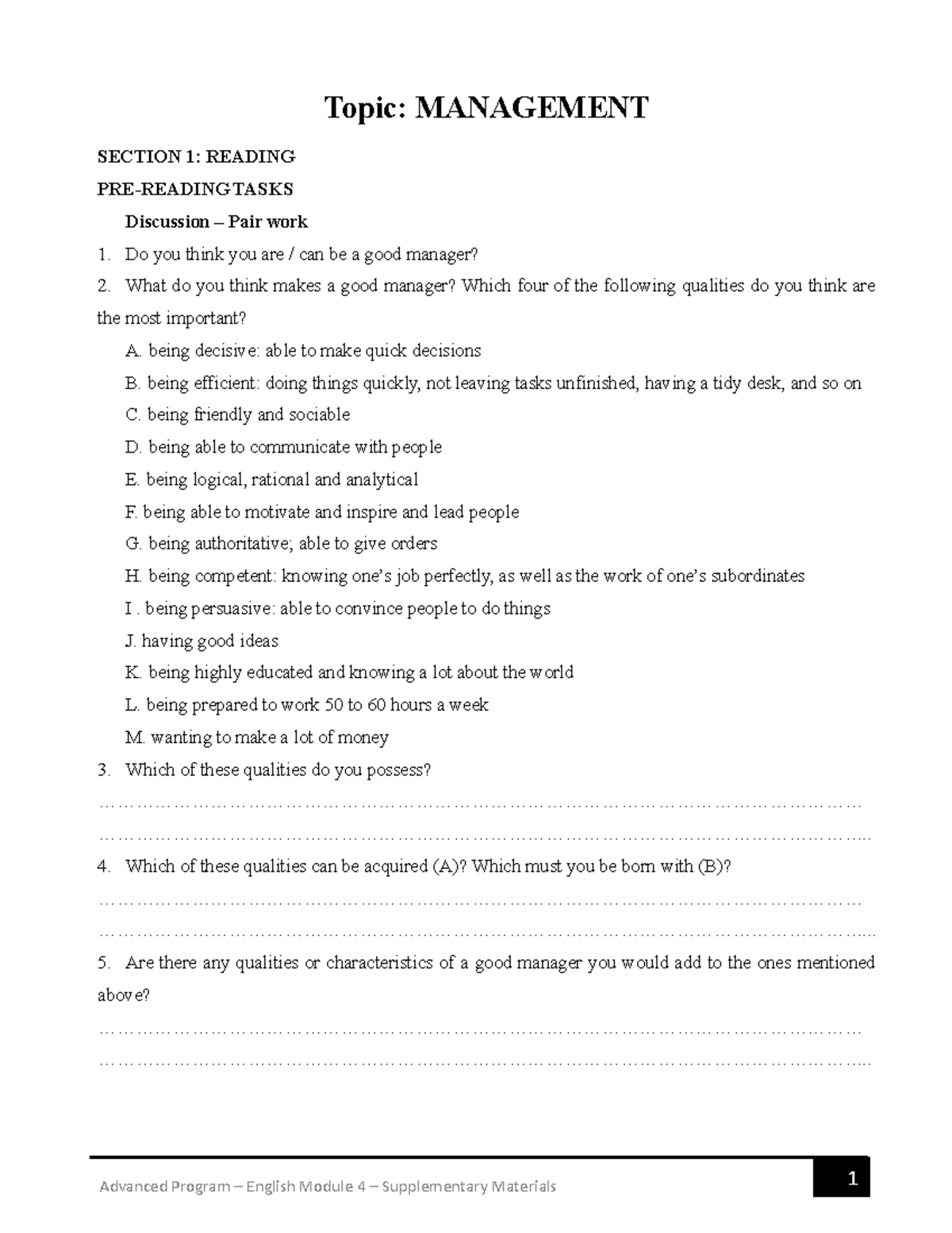 HP4 - Tiếng anh - Đáp án - Tài liệu - Topic: MANAGEMENT SECTION 1 ...