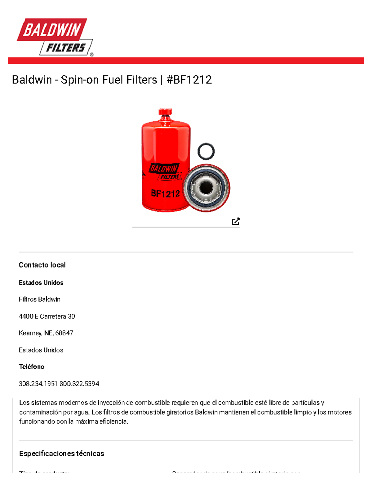 BF1212 - Baldwin - Filtros de combustible roscados balduino - Baldwin ...