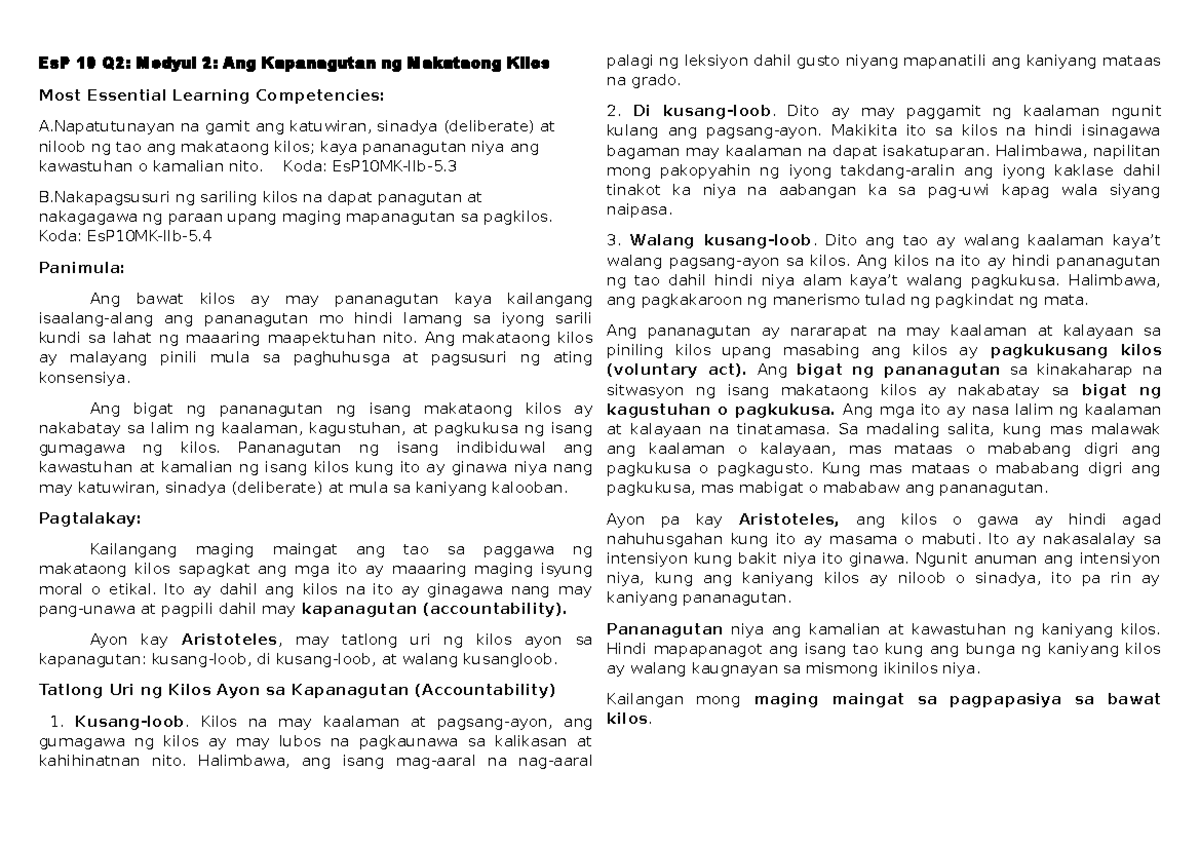 Es P-10 Q2 Modyul-2-outline - EsP 10 Q 2 : Modyul 2 : Ang Kapanagutan ...