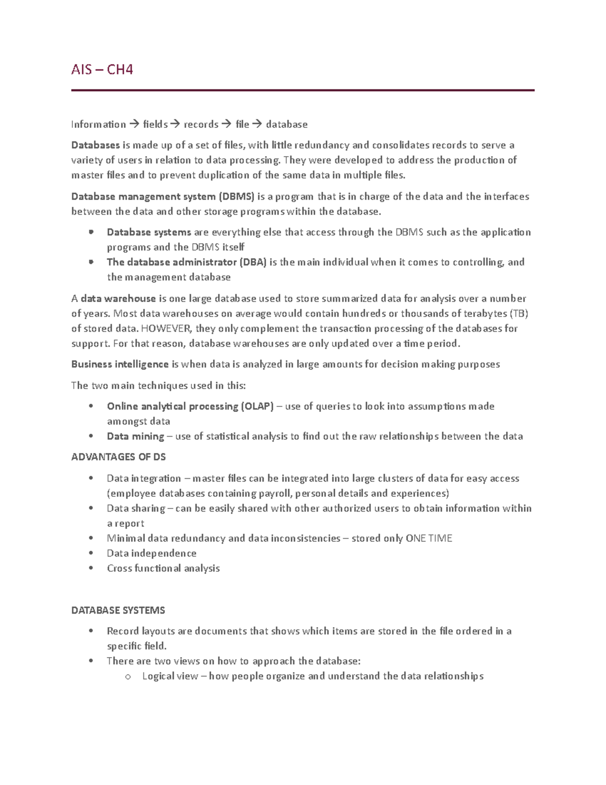 AIS Chapter 4 summary homework - AIS – CH Information fields records ...