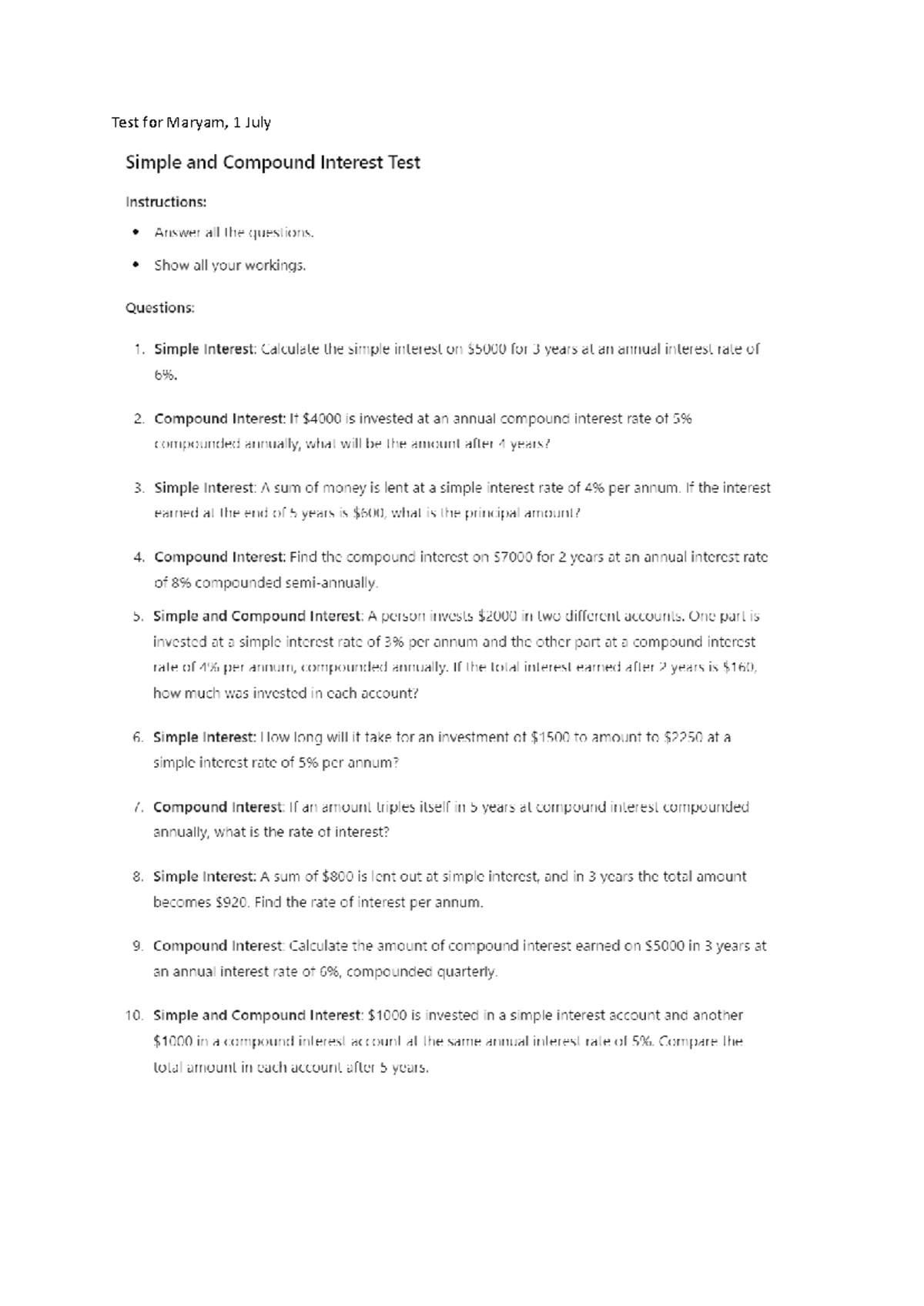 Math Test - focusing on interest - Test for Maryam, 1 July Simple and ...
