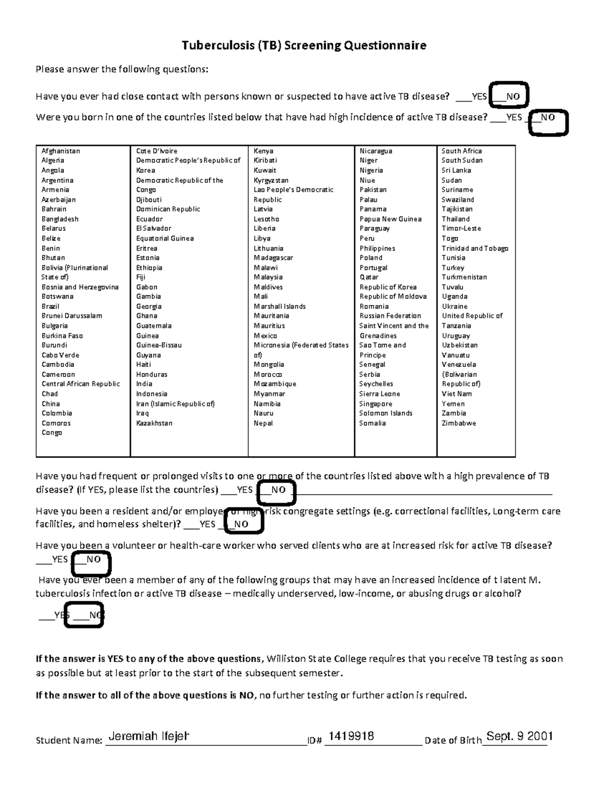 Tuberculosis Quentionnaire(1) - Tuberculosis (TB) Screening ...