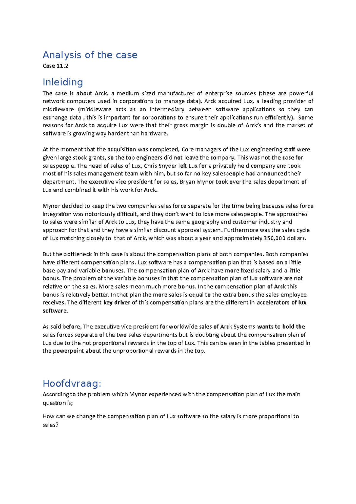 Analysis of the case - analyse van de werkcasus voor het vak auditing ...