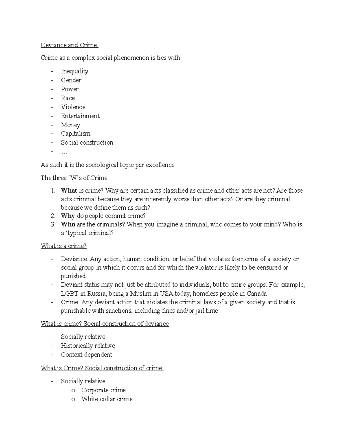 Deviance and Crime - Lecture and chapter Notes - Deviance and Crime ...