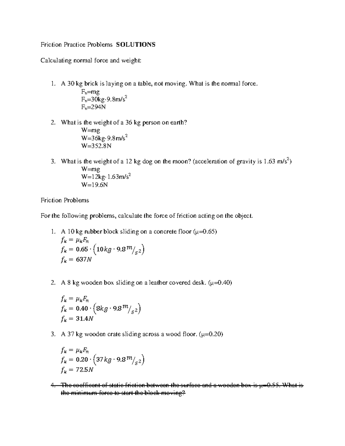 Friction practice problems solutions - Friction Practice Problems SOLUTIONS Calculating normal ...