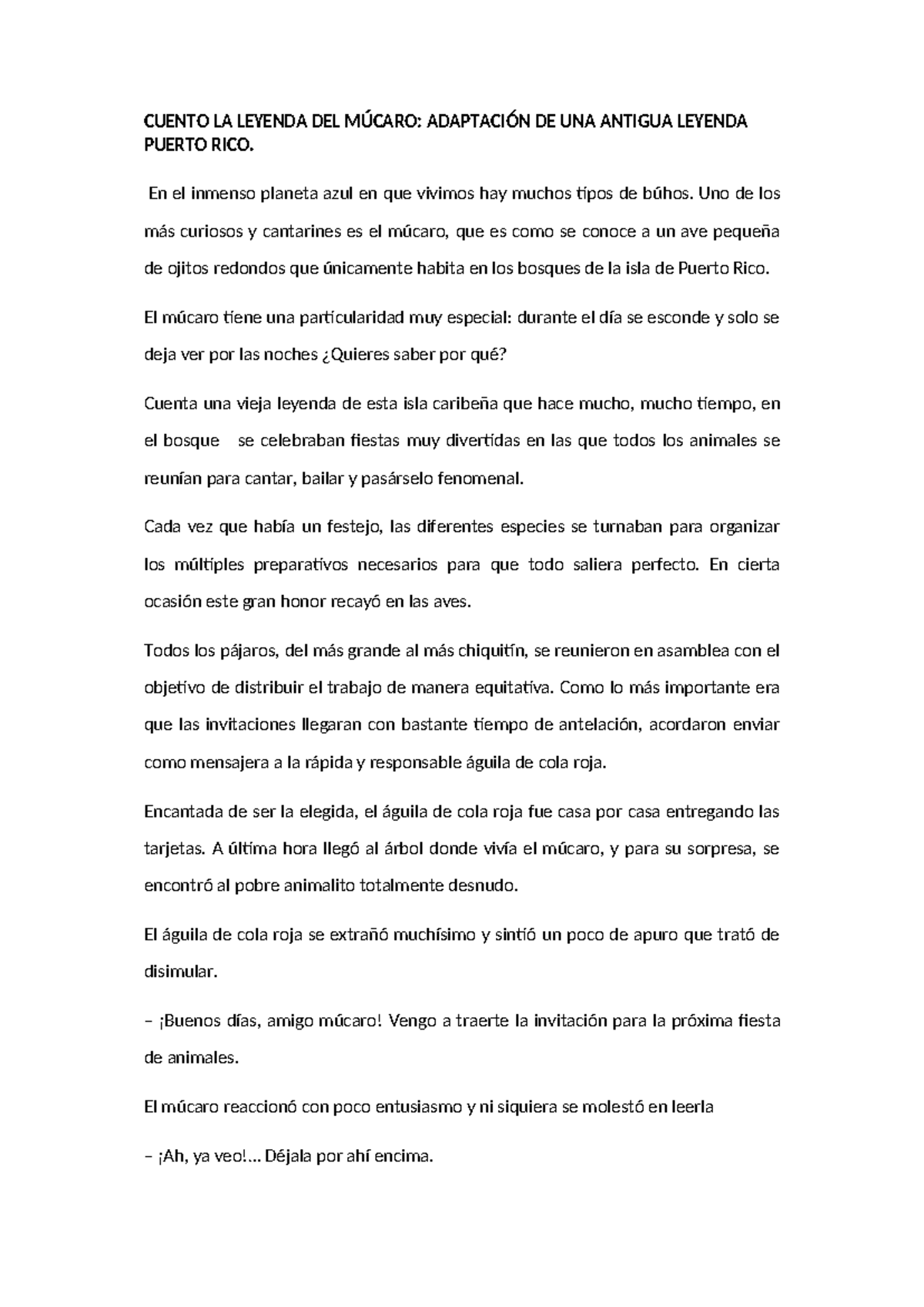 Cuento LA Leyenda DEL Múcaro - CUENTO LA LEYENDA DEL MÚCARO: ADAPTACIÓN ...