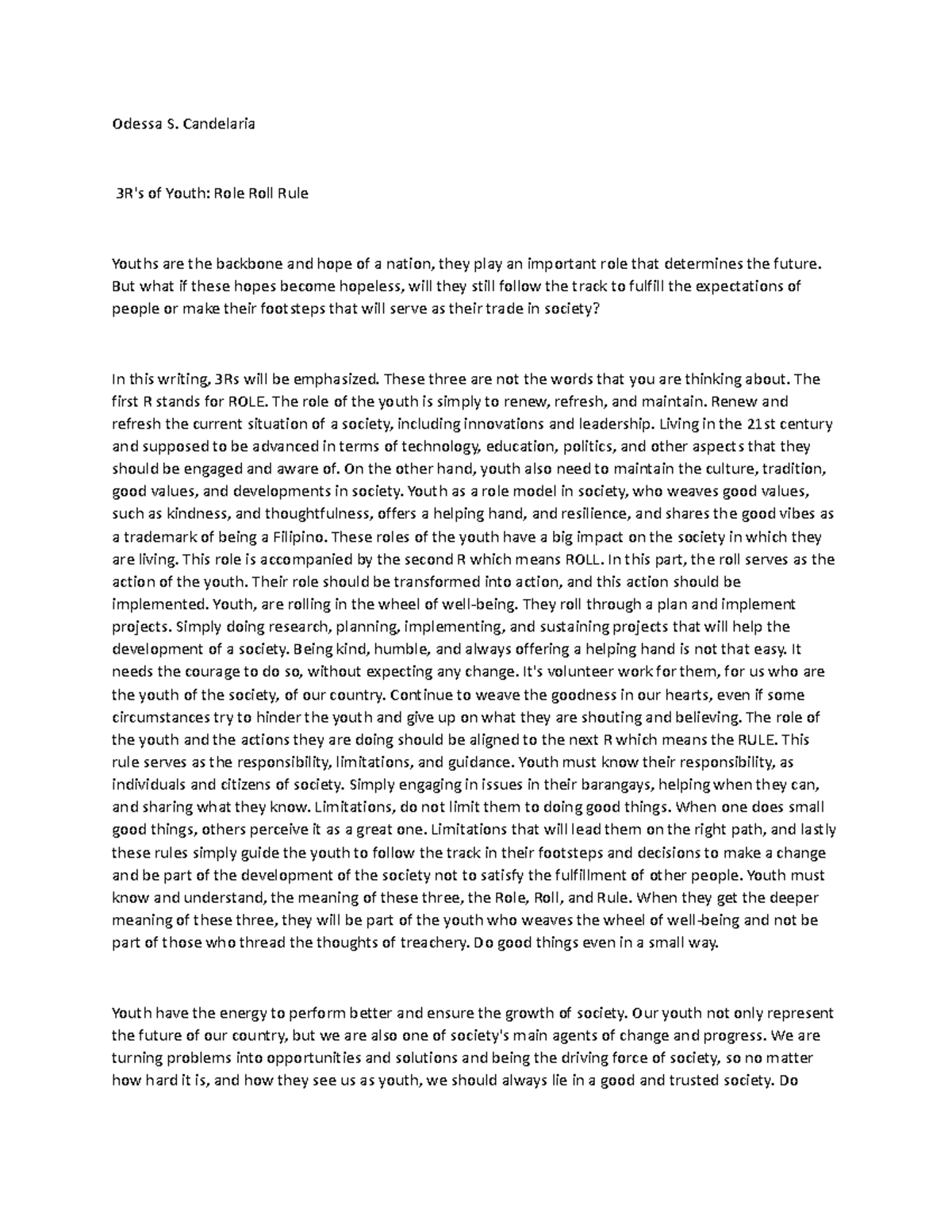 Odessa - Essay - Odessa S. Candelaria 3R's of Youth: Role Roll Rule ...
