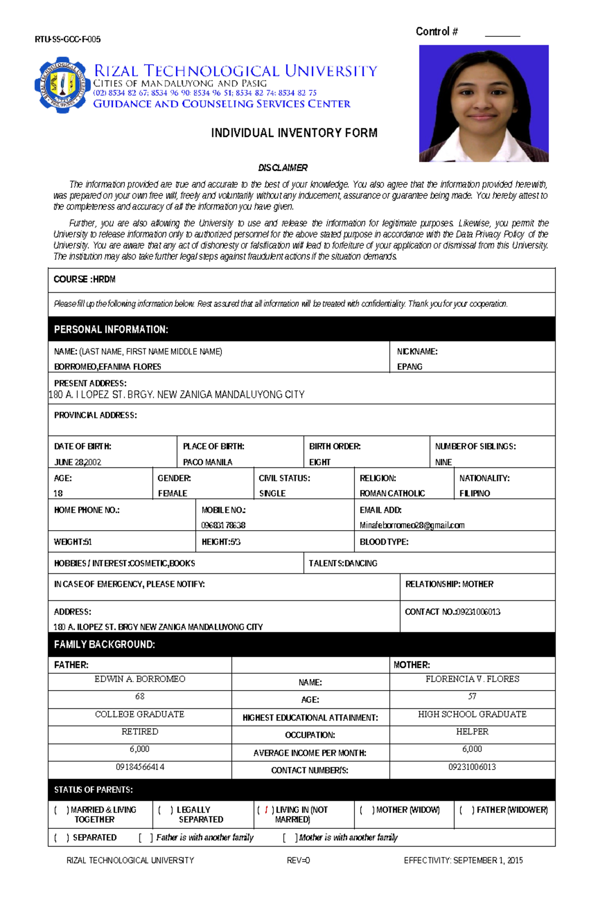 RTU SS GCC F 005 Individual Inventory FORM 1 - RIZAL TECHNOLOGICAL ...
