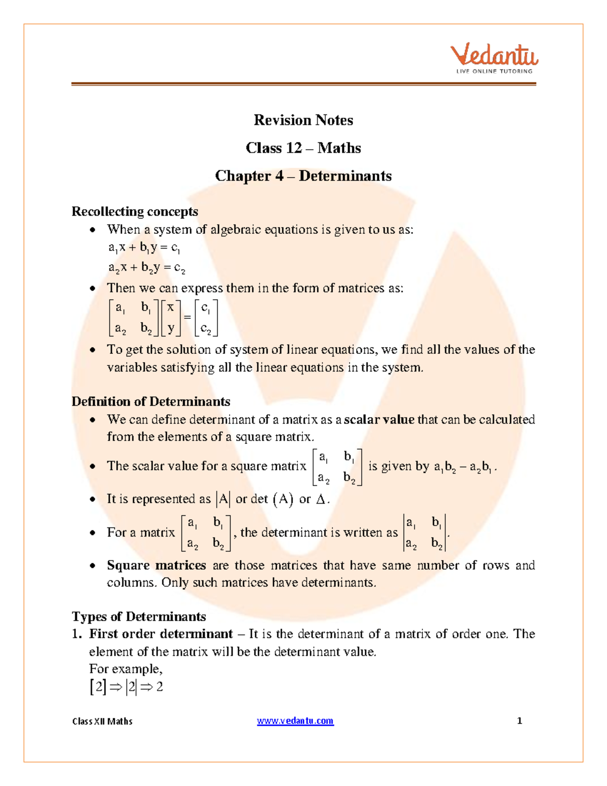 Class 12 Revision Notes Determinants - Revision Notes Class 12 – Maths ...