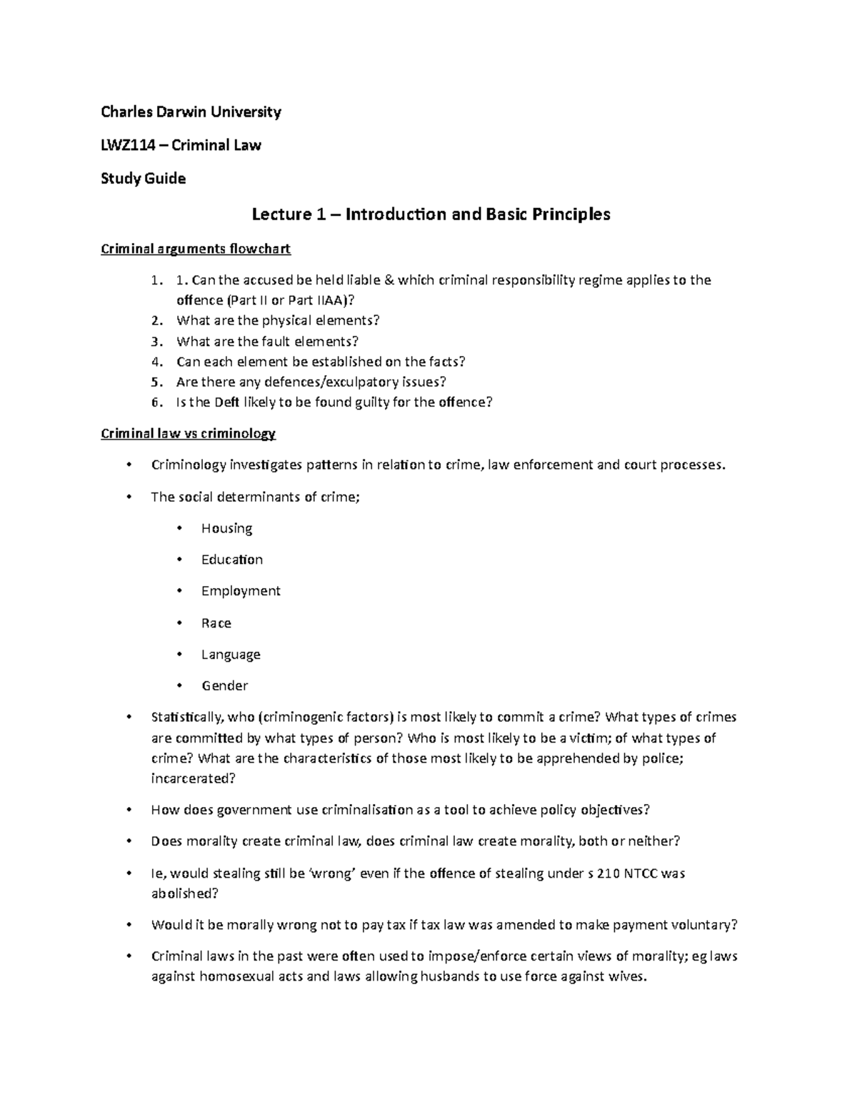 Lecture notes LWZ114 - Charles Darwin University LWZ114 – Criminal Law ...