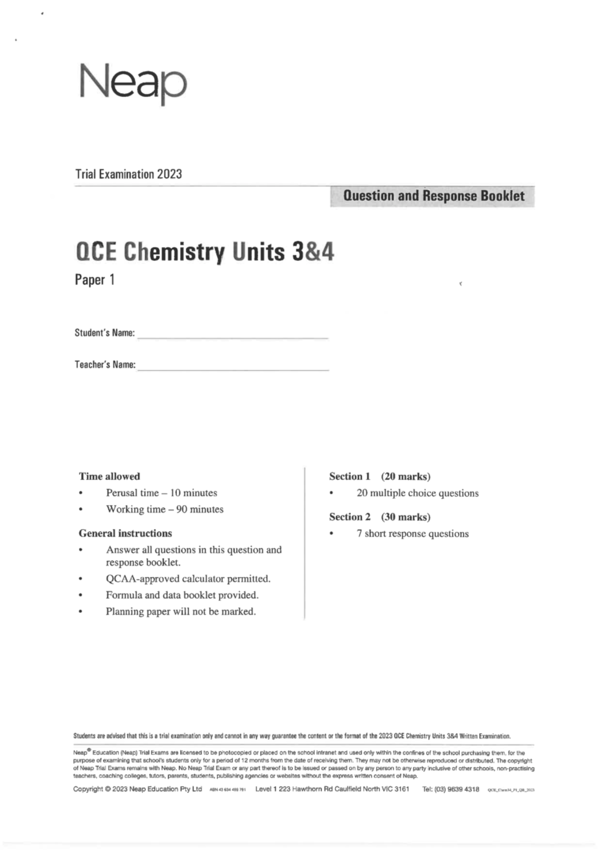 Chem Paper 1 Response booklet - Studocu